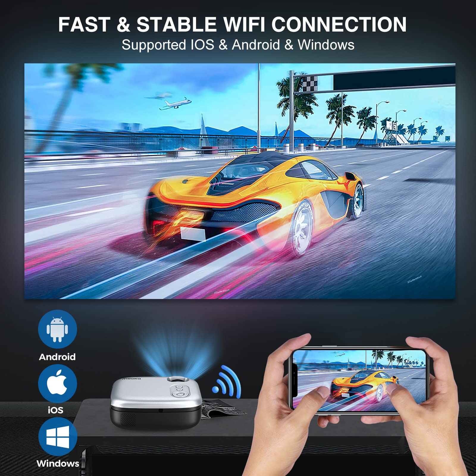 Outdoor Projector with WiFi, 1080P Full HD Supported Portable Projector 8000L Movie Projector Home Theater Compatible with TV Stick HDMI USB AV Smartphone Laptops