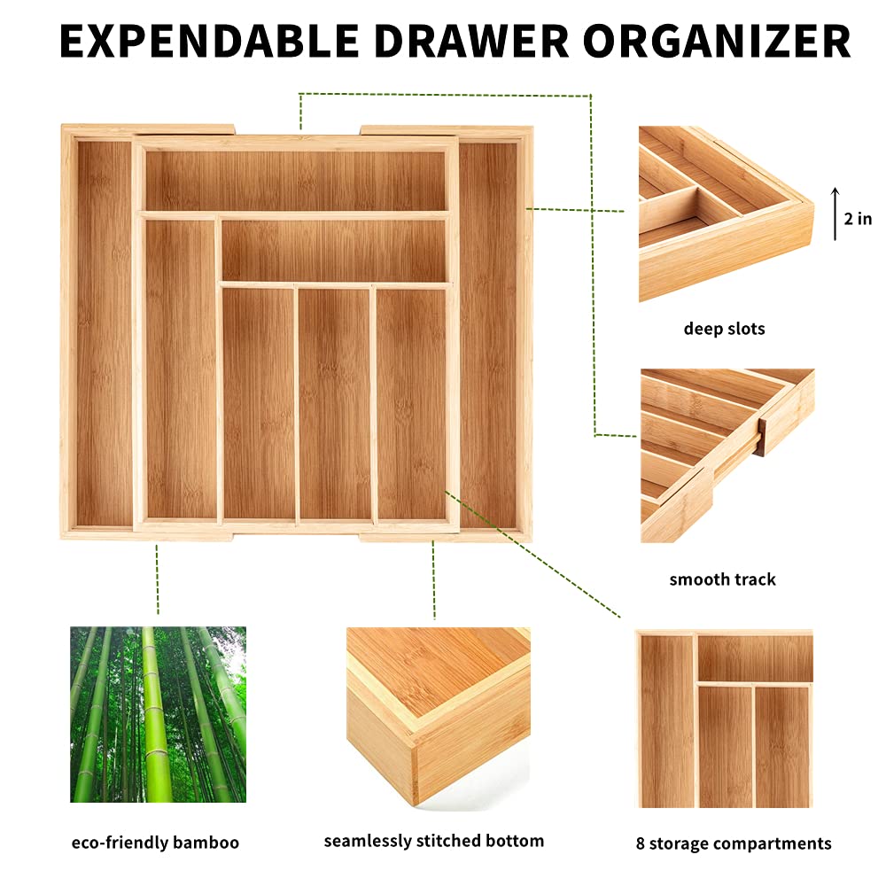 XKXKKE Bamboo Expandable Drawer Organizer Cutlery Tray Adjustable Utensil Drawer Organizer, Wood Drawer Dividers Organizer for Tools, Silverware, Flatware, Knives in Kitchen, Bedroom, Living Room