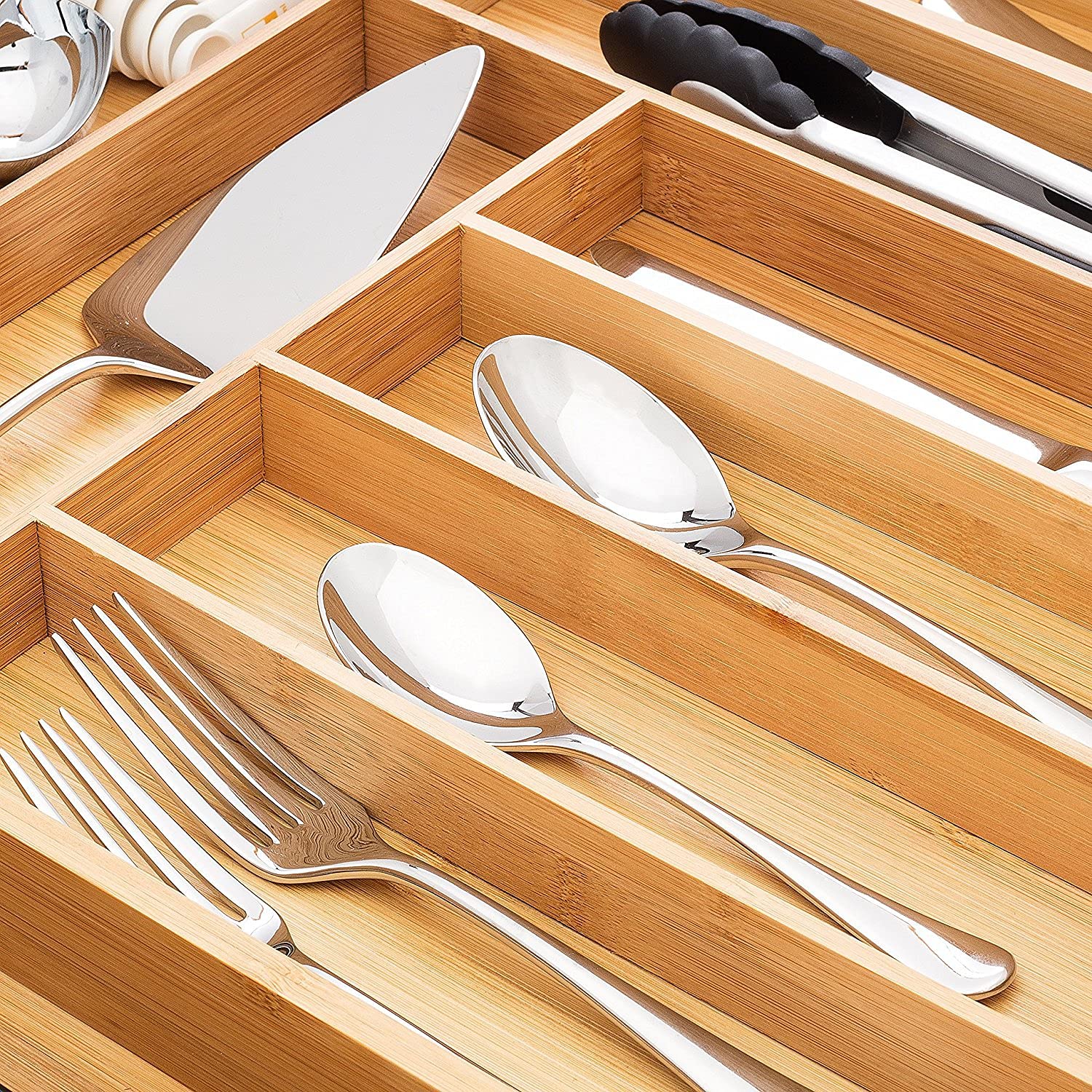 XKXKKE Bamboo Expandable Drawer Organizer Cutlery Tray Adjustable Utensil Drawer Organizer, Wood Drawer Dividers Organizer for Tools, Silverware, Flatware, Knives in Kitchen, Bedroom, Living Room