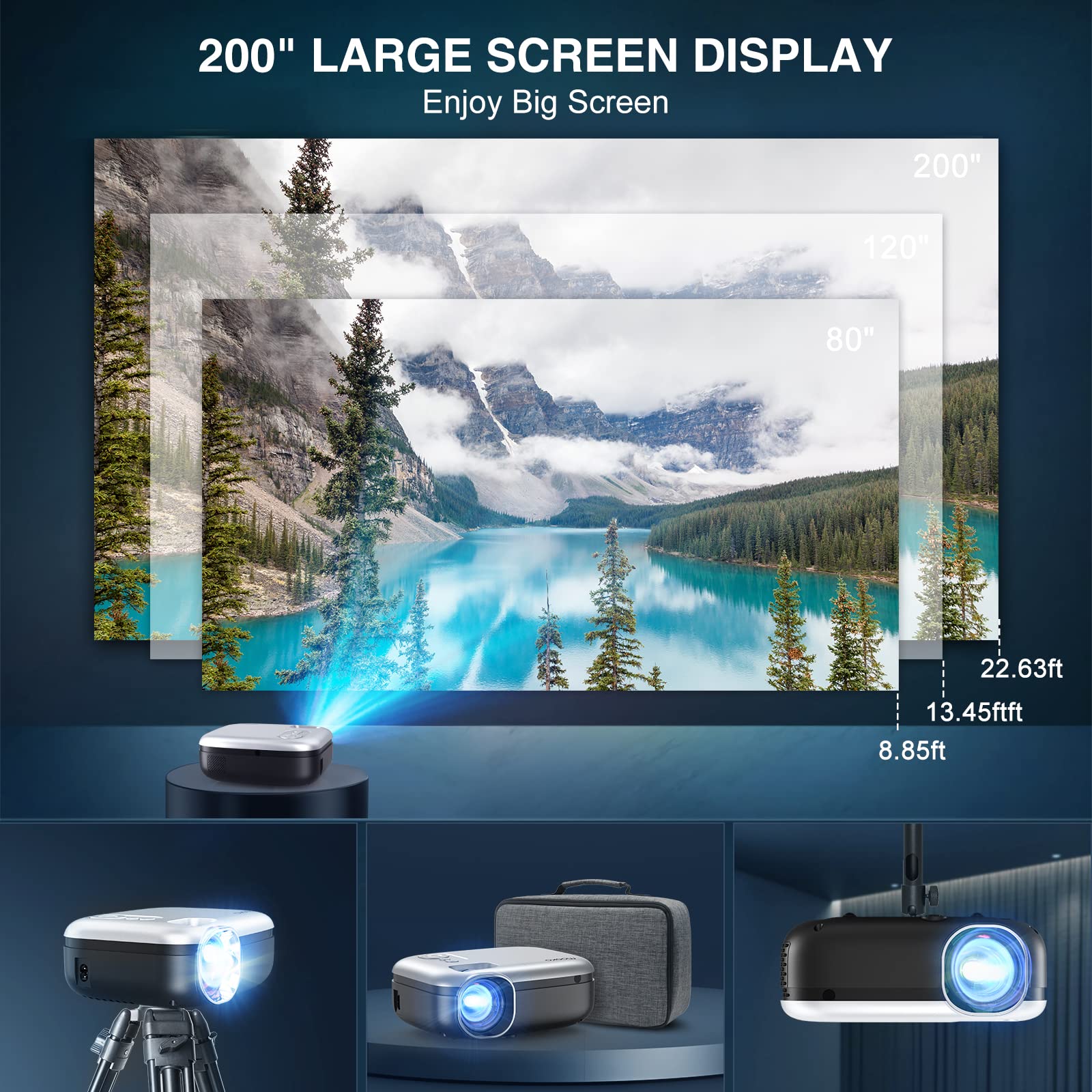 Outdoor Projector with WiFi, 1080P Full HD Supported Portable Projector 8000L Movie Projector Home Theater Compatible with TV Stick HDMI USB AV Smartphone Laptops