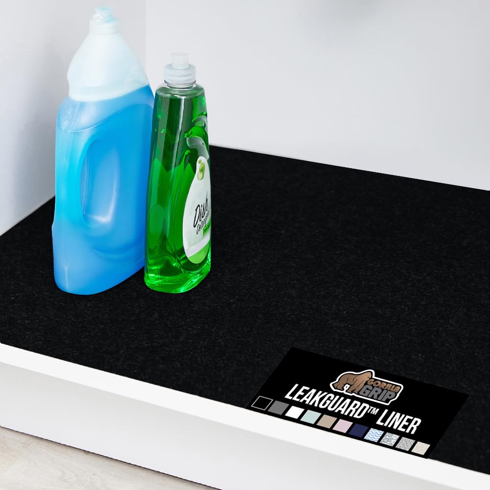 GORILLA GRIP LeakGuard Non-Adhesive Under Sink Mat for Kitchen Cabinet, Waterproof Quick Dry Shelf Liner, Durable Absorbent Felt Mats for Bathroom Sinks, Cabinets, Dresser, Easy to Trim, 24x30 Black