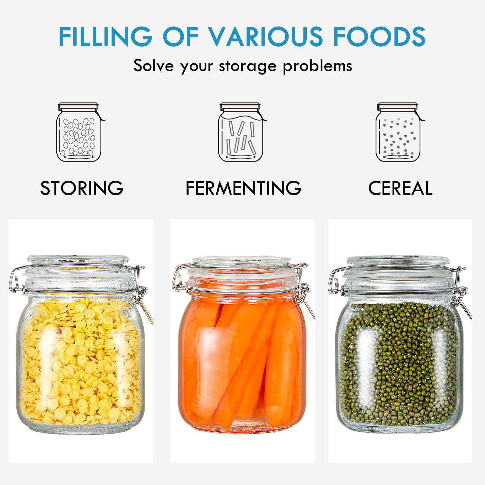 YEBODA 32oz Food Storage Canister Glass Jars with Clamp Airtight Lids and Silicone Gaskets for Multi-Purpose Kitchen Containers - Clear Square (3 Pack)