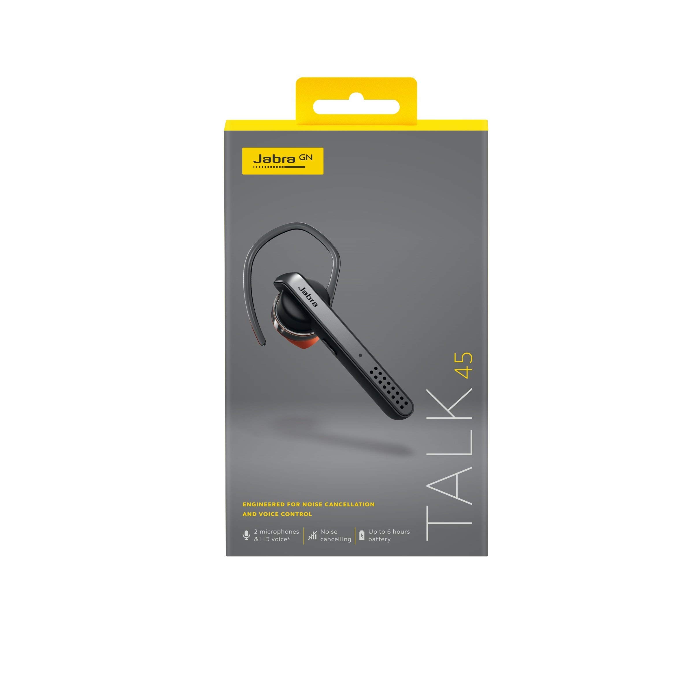 Jabra Talk 45 Bluetooth Headset for High Definition Hands-Free Calls with Dual Mic Noise Cancellation, 1-Touch Voice Activation and Streaming Multimedia (Renewed)