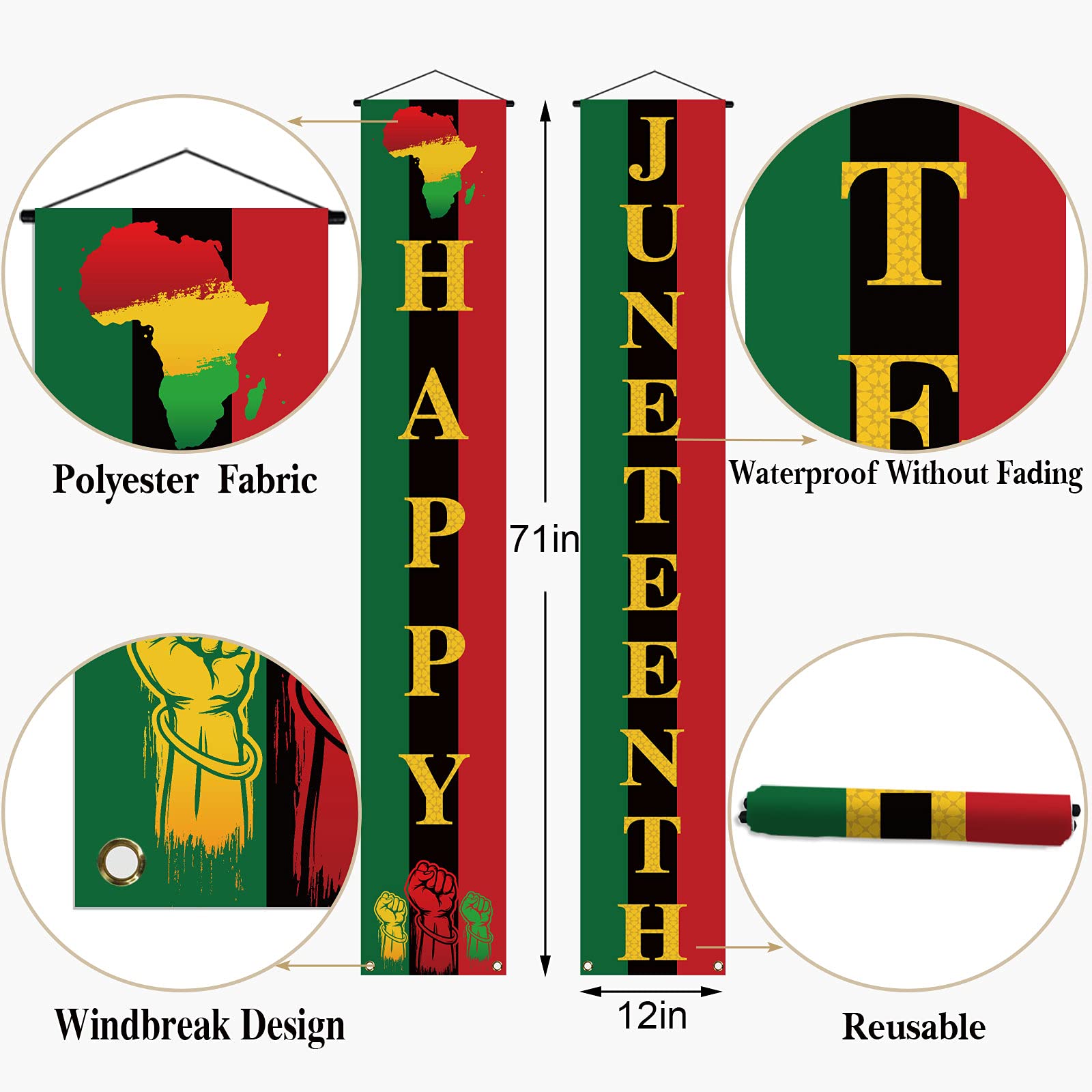 Pudodo Happy Juneteenth Porch Banner Black Liberation African American Independence Day Freedom Front Door Wall Sign Party Decoration