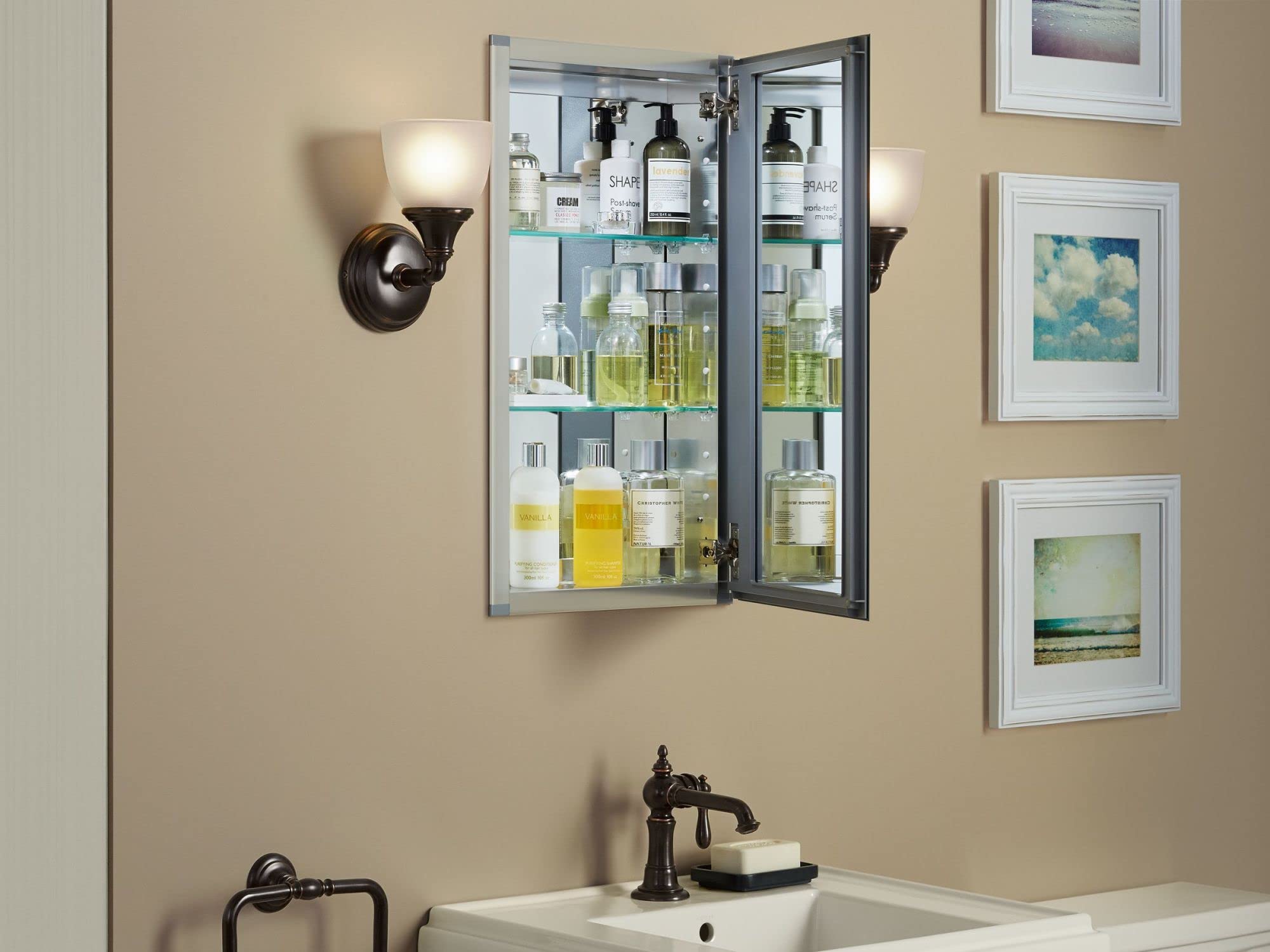 KOHLER CB-CLC1526FS CLC Flat 15" W x 26" H Aluminum Single Medicine Cabinet with Mirrored Door, Beveled Edges, Anodized Aluminim