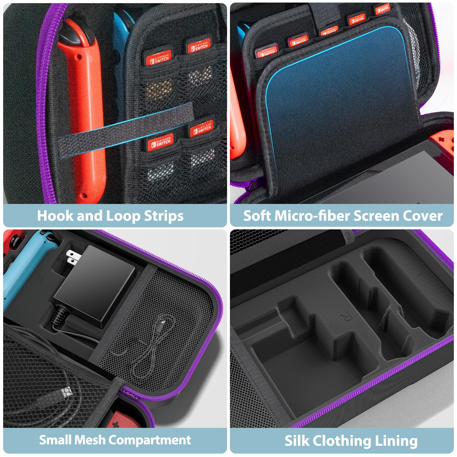 Switch OLED Carrying Case Compatible with Nintendo Switch/OLED Model, Portable Switch Travel Carry Case Fit for Joy-Con and Adapter, Hard Shell Protective Switch Pouch Case with 20 Games, Purple