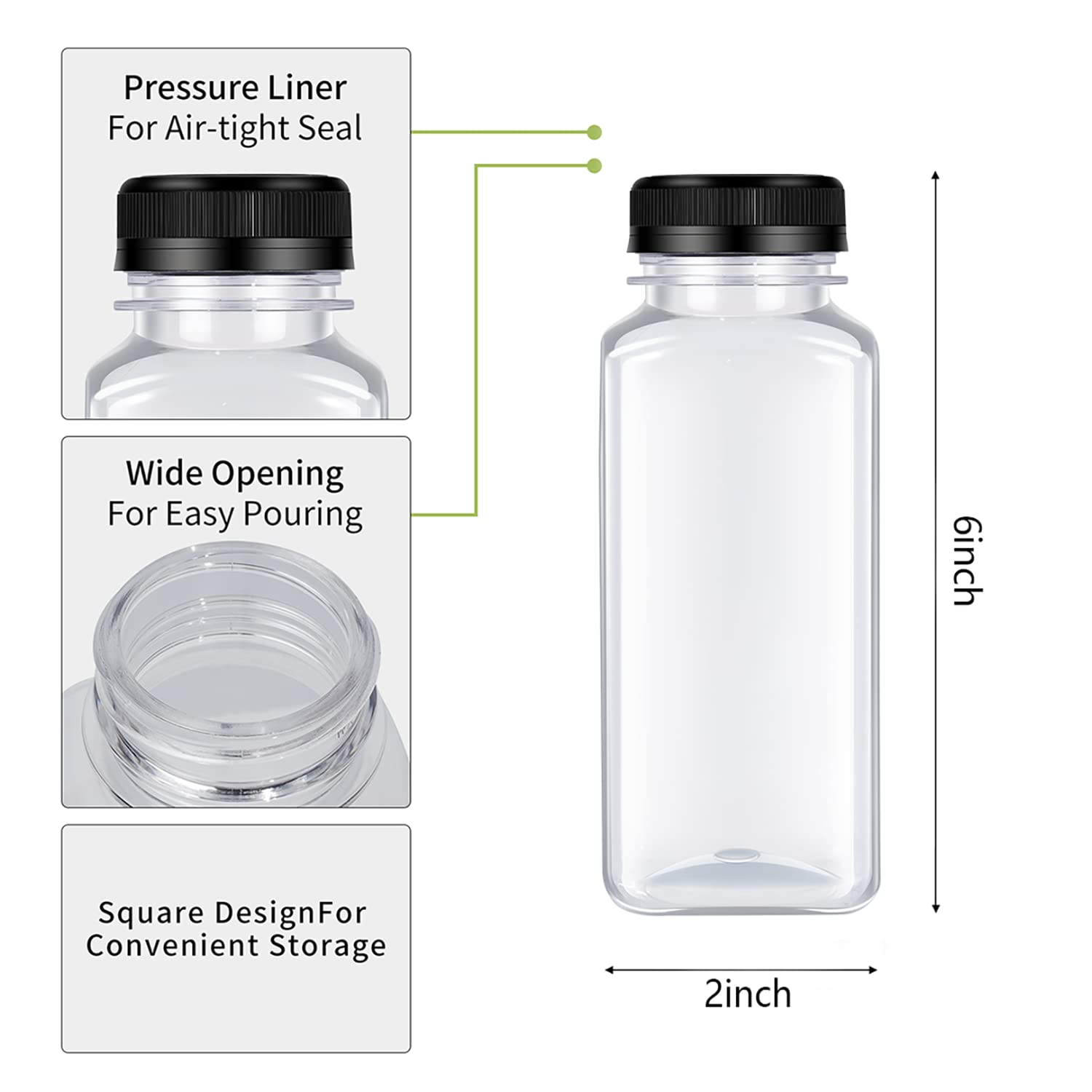 HIQQUGU 6 Pcs 10 OZ Plastic Juice Bottles, Reusable Bulk Beverage Containers, For Juice, Milk And Beverages, with Black Lids.