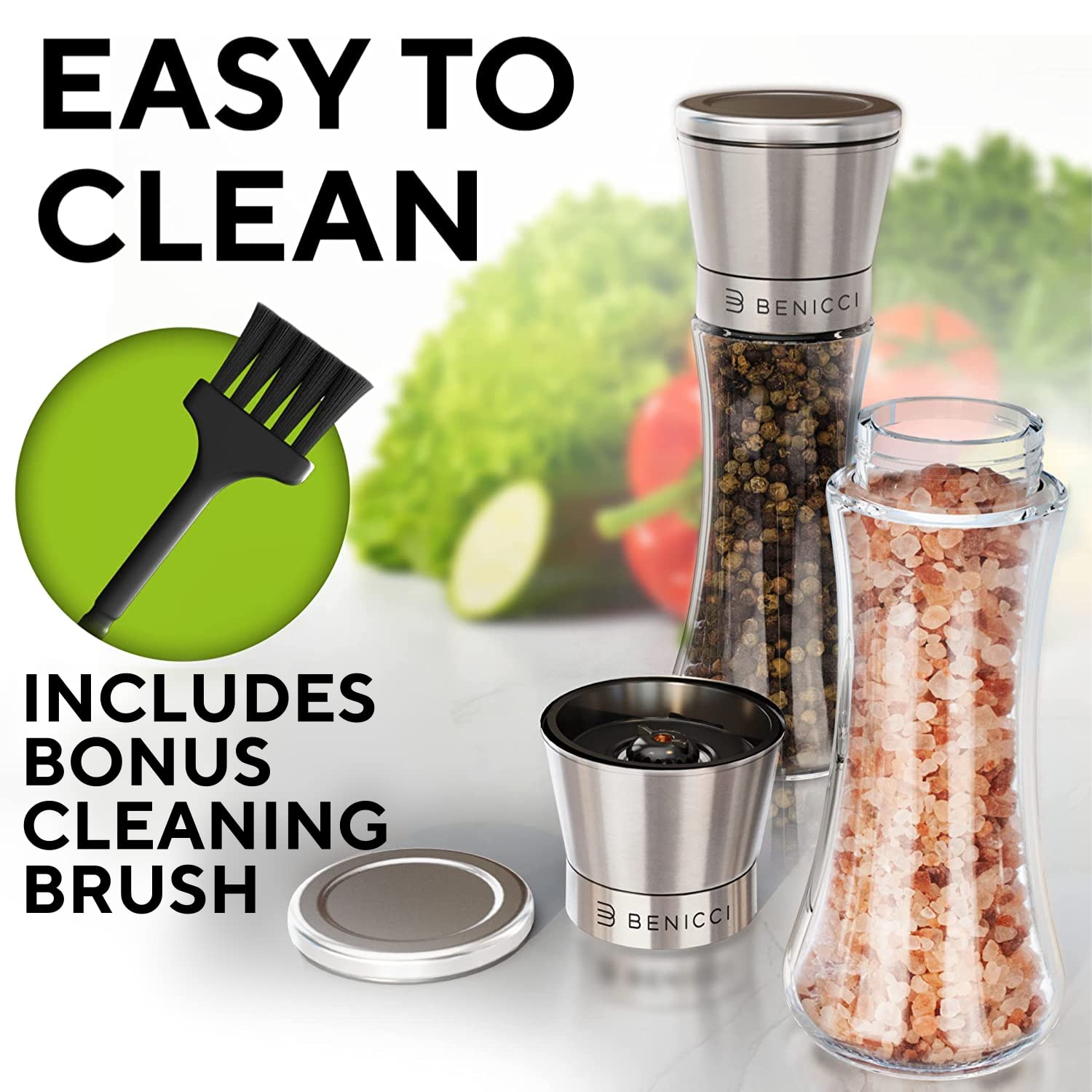 Premium Salt and Pepper Grinder Set of 2 - Two Refillable, Stainless Steel Sea Salt & Spice Shakers with Adjustable Coarse Mills - Easy Clean Ceramic Grinders w/ BONUS Silicone Funnel & Cleaning Brush