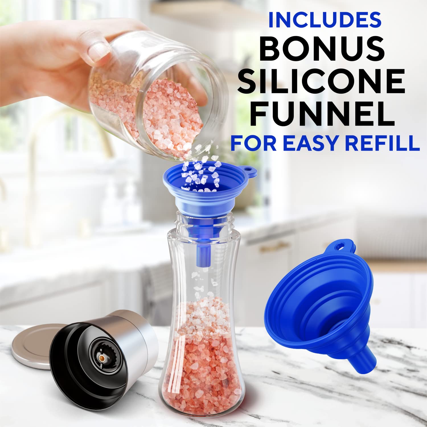 Premium Salt and Pepper Grinder Set of 2 - Two Refillable, Stainless Steel Sea Salt & Spice Shakers with Adjustable Coarse Mills - Easy Clean Ceramic Grinders w/ BONUS Silicone Funnel & Cleaning Brush
