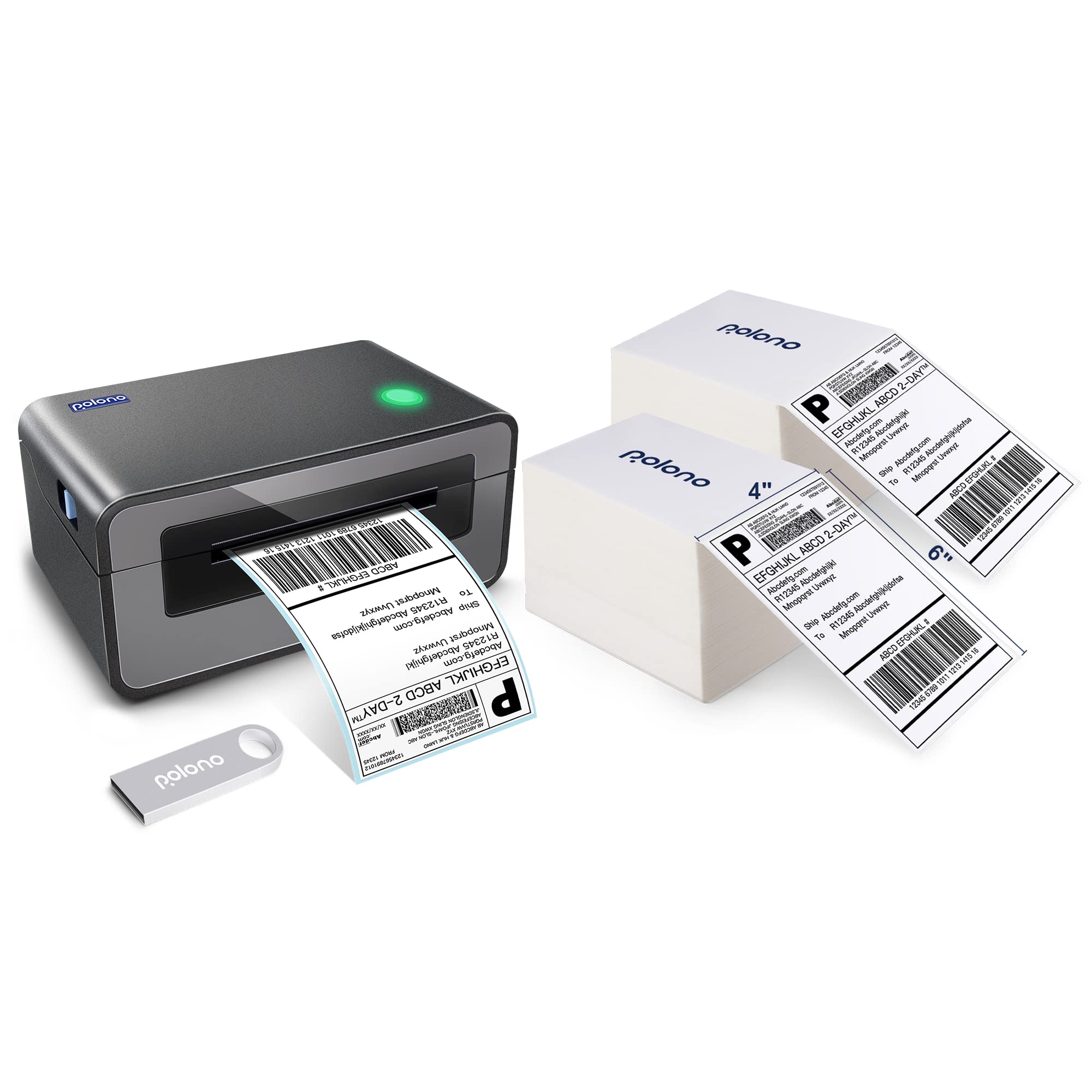 POLONO Shipping Label Printer Gray, 4x6 Thermal Label Printer for Shipping Packages, Commercial Direct Thermal Label Maker,Thermal Labels, 4"x 6" Direct Thermal Shipping Label (Pack of 1000