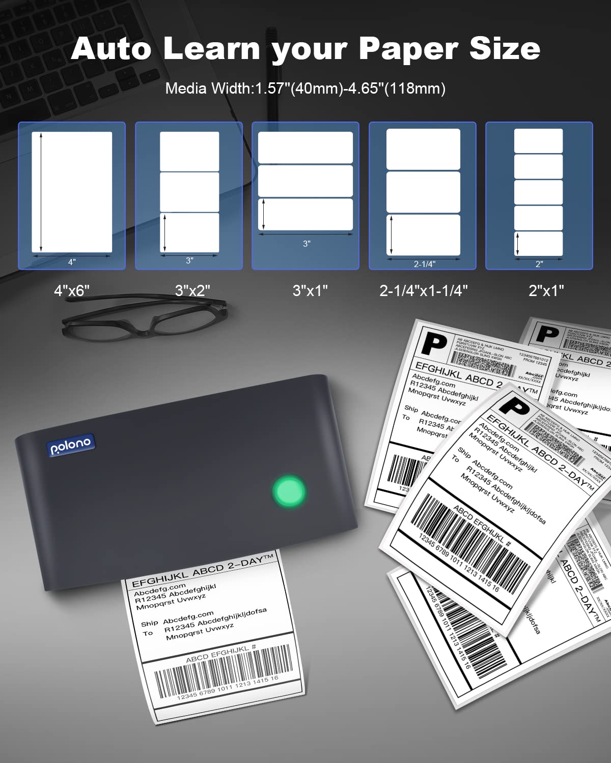 POLONO Shipping Label Printer Gray, 4x6 Thermal Label Printer for Shipping Packages, Commercial Direct Thermal Label Maker,Thermal Labels, 4"x 6" Direct Thermal Shipping Label (Pack of 1000
