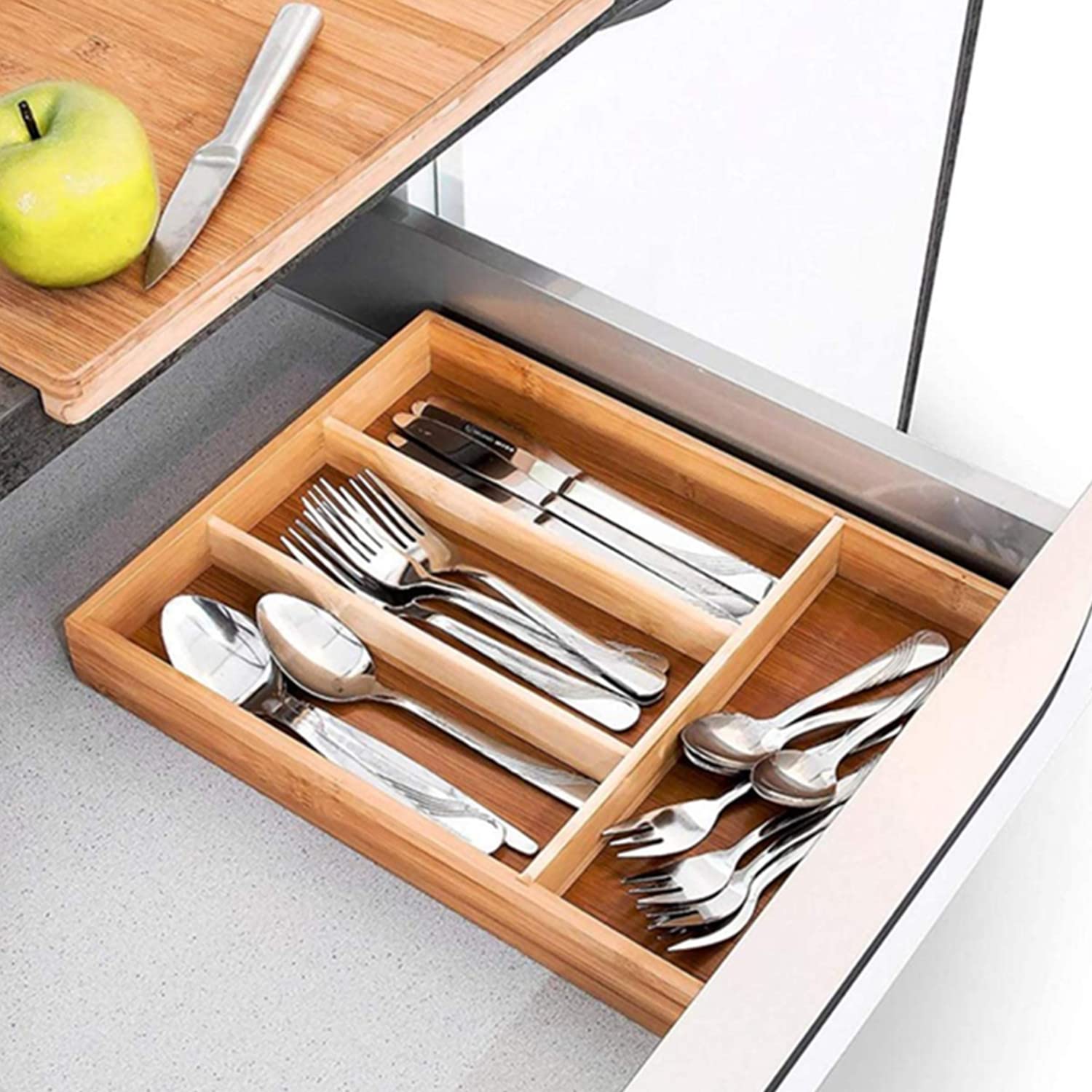 Bamboo Utensil Silverware Organizer - 4 Compartments - Bamboo Hardware Jewelry Drawer Holder Kitchen Knives Tray Organizer