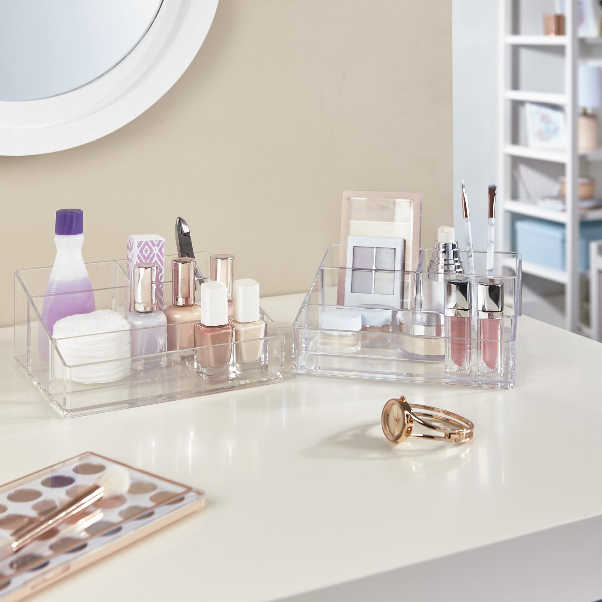 STORi Clear Plastic Vanity Makeup Organizer | Compact Rectangular 4-Compartment Holder for Brushes, Eyeshadow Palettes, & Beauty Supplies | Made in USA