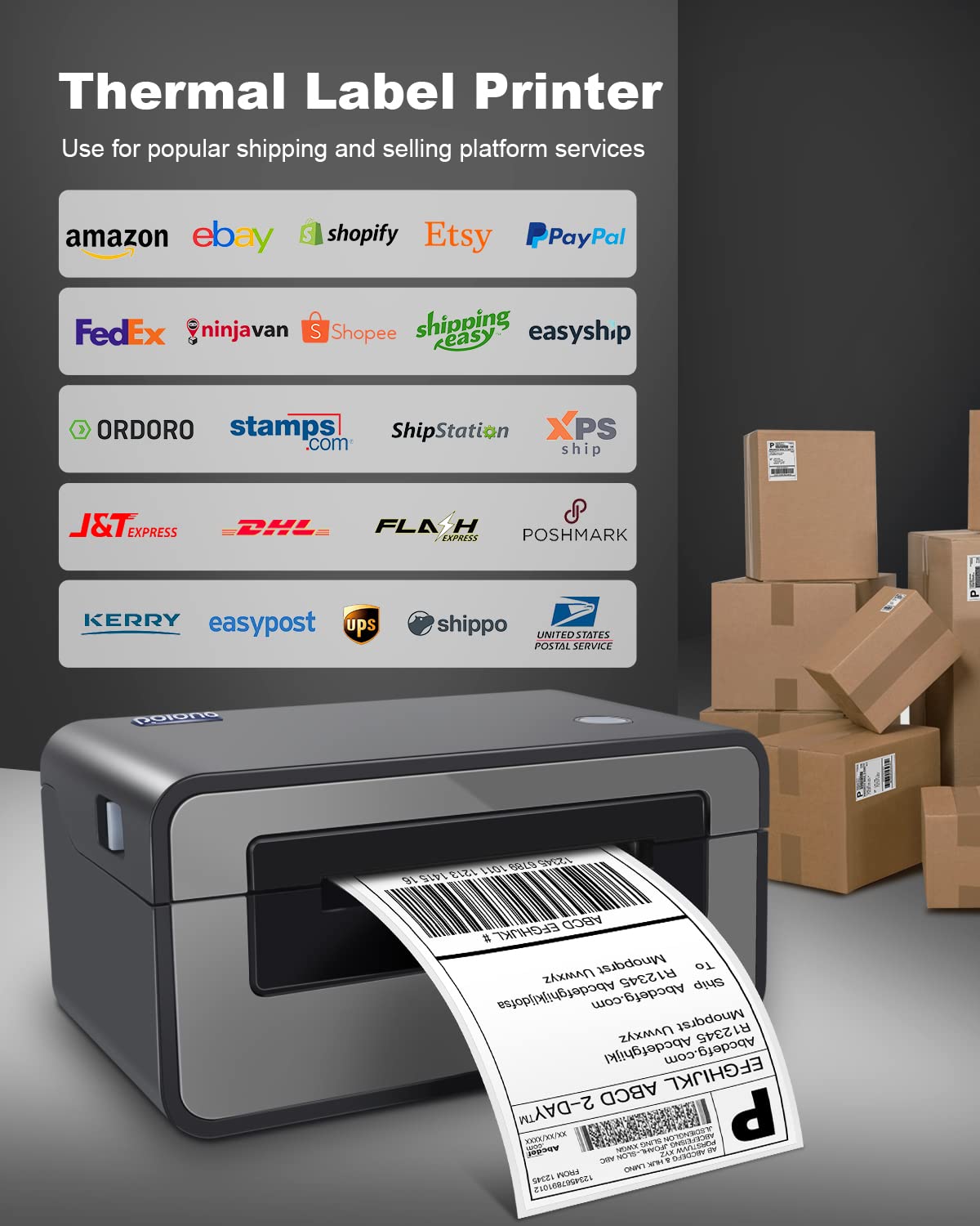 POLONO Shipping Label Printer Gray, 4x6 Thermal Label Printer for Shipping Packages, Commercial Direct Thermal Label Maker,Thermal Labels, 4"x 6" Direct Thermal Shipping Label (Pack of 1000