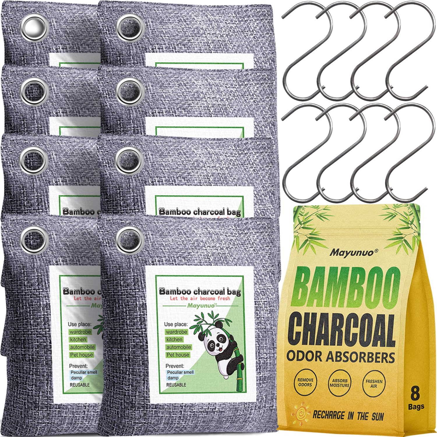 8 Pack Nature Fresh Bamboo Charcoal Air Purifying Bag, Activated Charcoal Bags Odor Absorber for Home Shoe Closet Gym Bag Fridge Pet Car Kitchen Large Room Smoke Drawer Refrigerator Strong Deodorizer Freshener Moisture Remover and Smell Eliminator