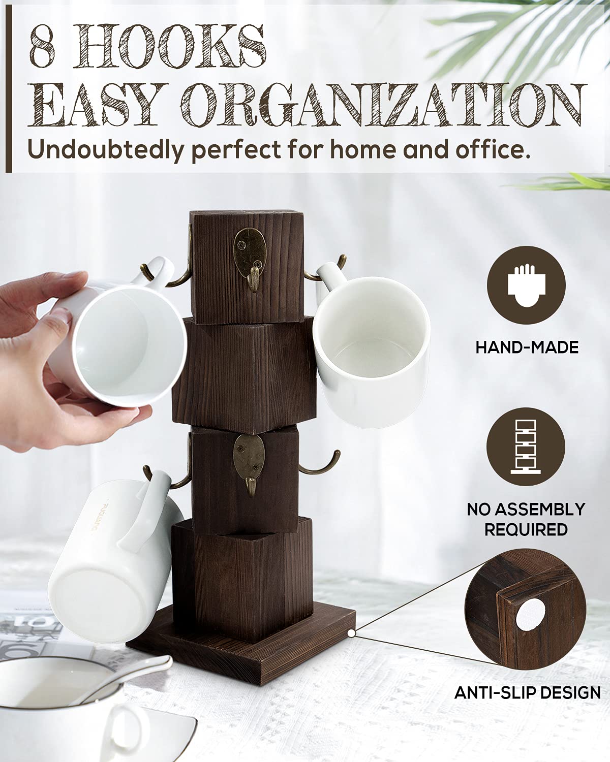PUERSI Coffee Mug Holder for Counter, Rustic Solid Wood Mug Tree, Farmhouse Wooden Coffee Cup Rack, Distressed Mug Stand with 8 Hooks (Rustic Brown)