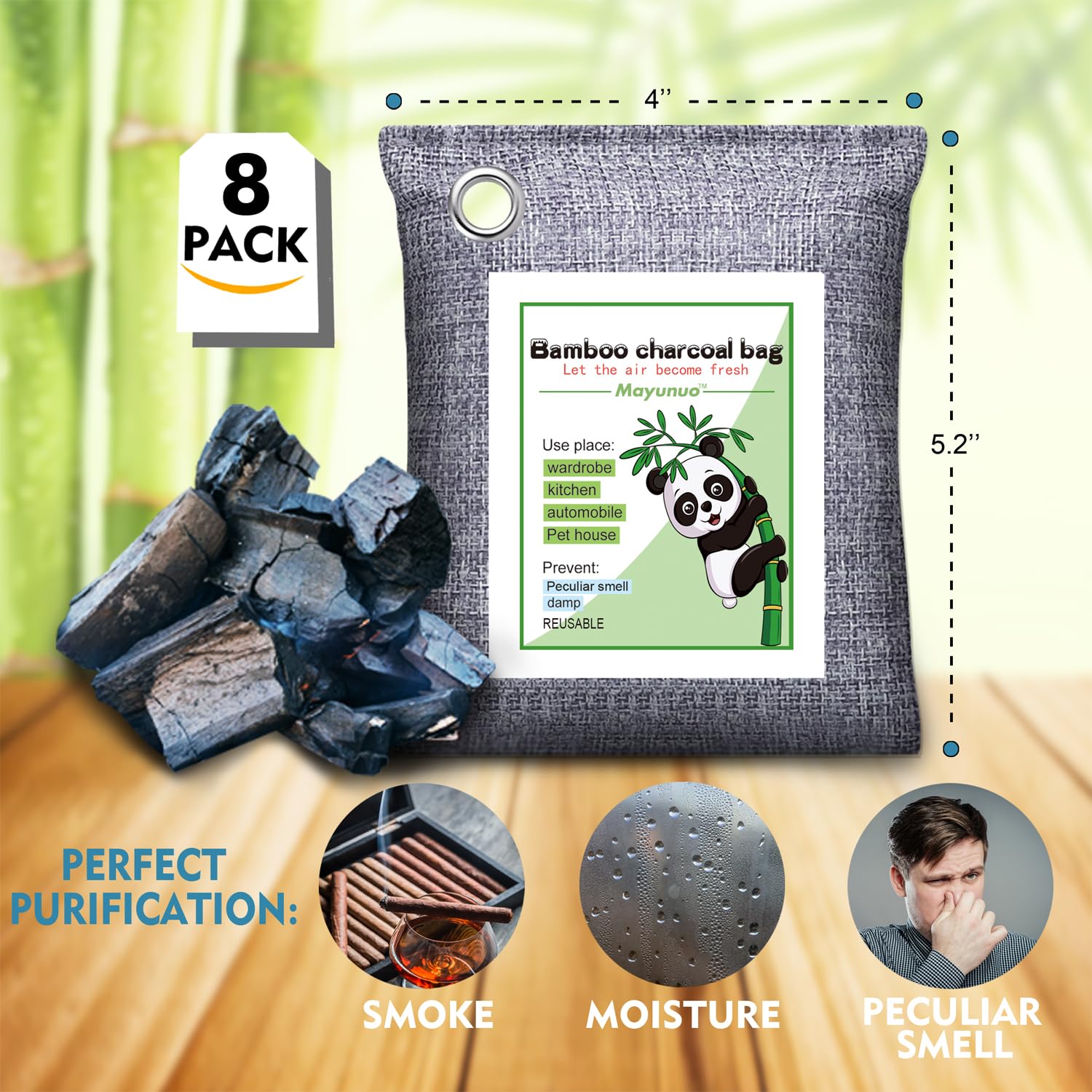 8 Pack Nature Fresh Bamboo Charcoal Air Purifying Bag, Activated Charcoal Bags Odor Absorber for Home Shoe Closet Gym Bag Fridge Pet Car Kitchen Large Room Smoke Drawer Refrigerator Strong Deodorizer Freshener Moisture Remover and Smell Eliminator
