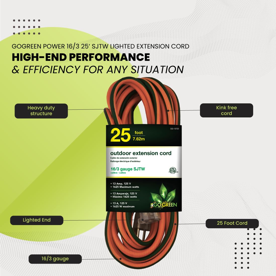 GoGreen Power GG-13725 16/3 25’ SJTW Outdoor Extension Cord, Lighted End, 25 Ft
