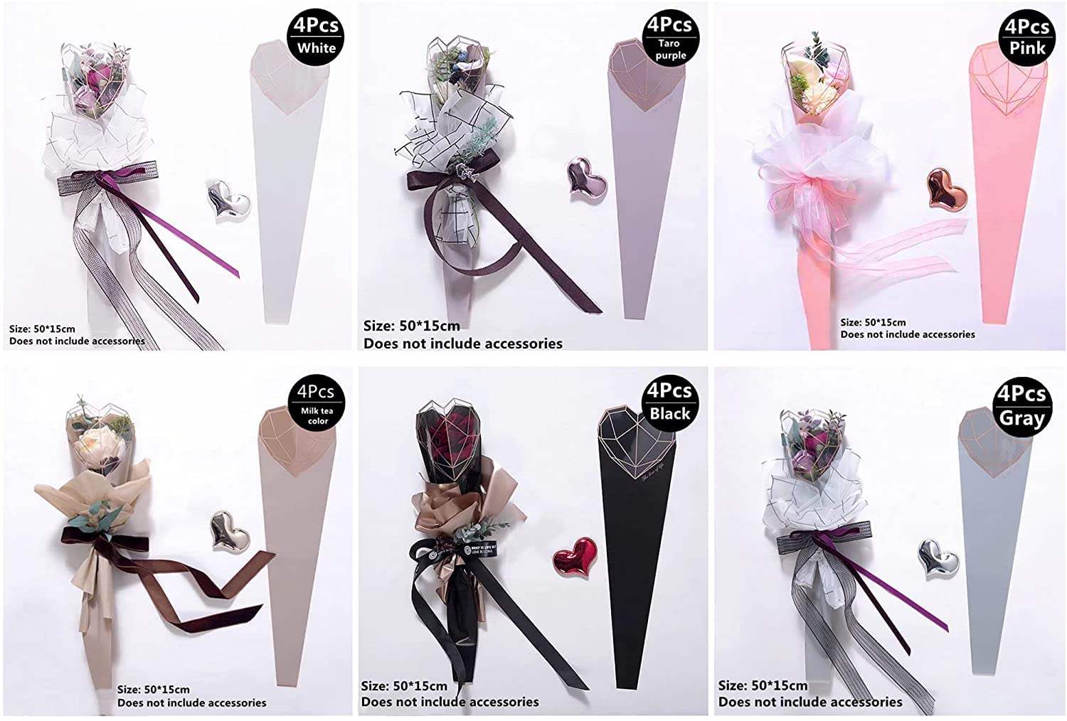 JOSON 24Pcs/6 color flower packaging bag single rose flower bag waterproof material simple diamond heart shape gift packaging