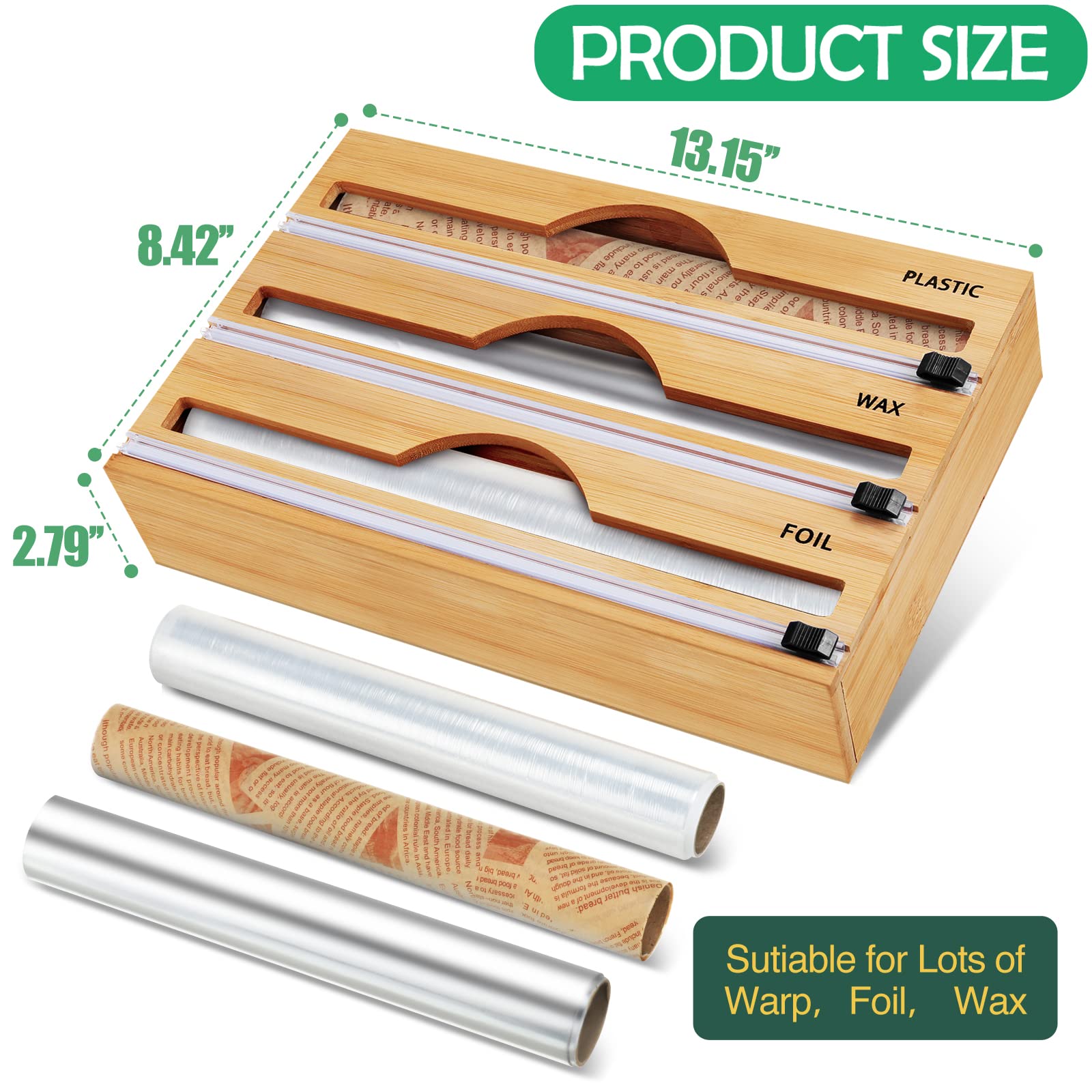 3-in-1 Bamboo Plastic Wrap Dispenser with Cutter, Foil and Plastic Wrap Organizer, Aluminum foil Organization and Storage, Aluminum Foil, Cling Film, Parchment Paper, Foil Organizer for Drawer