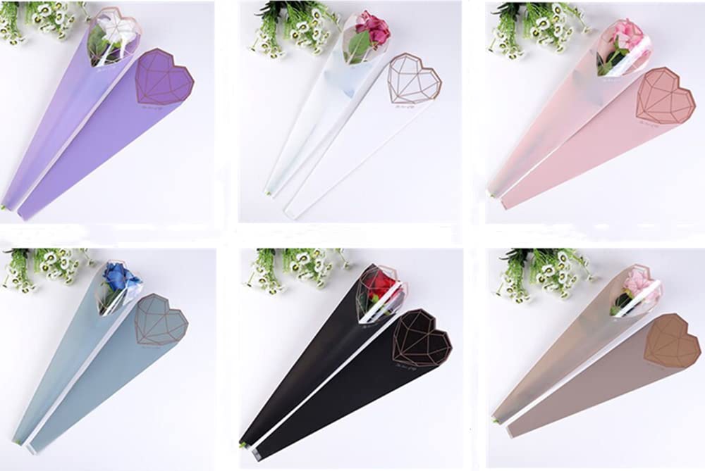 JOSON 24Pcs/6 color flower packaging bag single rose flower bag waterproof material simple diamond heart shape gift packaging