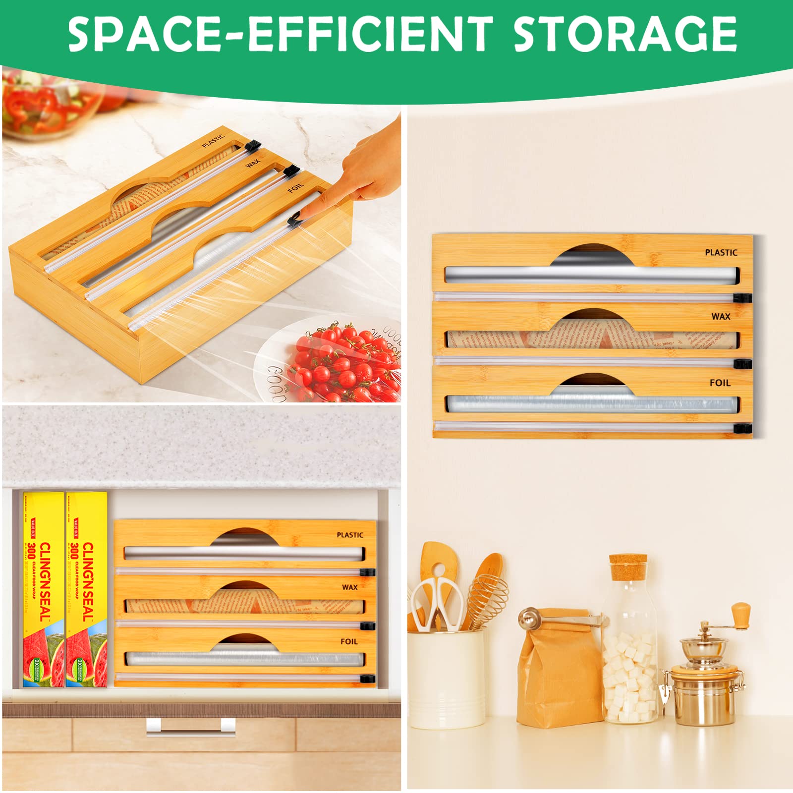 3-in-1 Bamboo Plastic Wrap Dispenser with Cutter, Foil and Plastic Wrap Organizer, Aluminum foil Organization and Storage, Aluminum Foil, Cling Film, Parchment Paper, Foil Organizer for Drawer