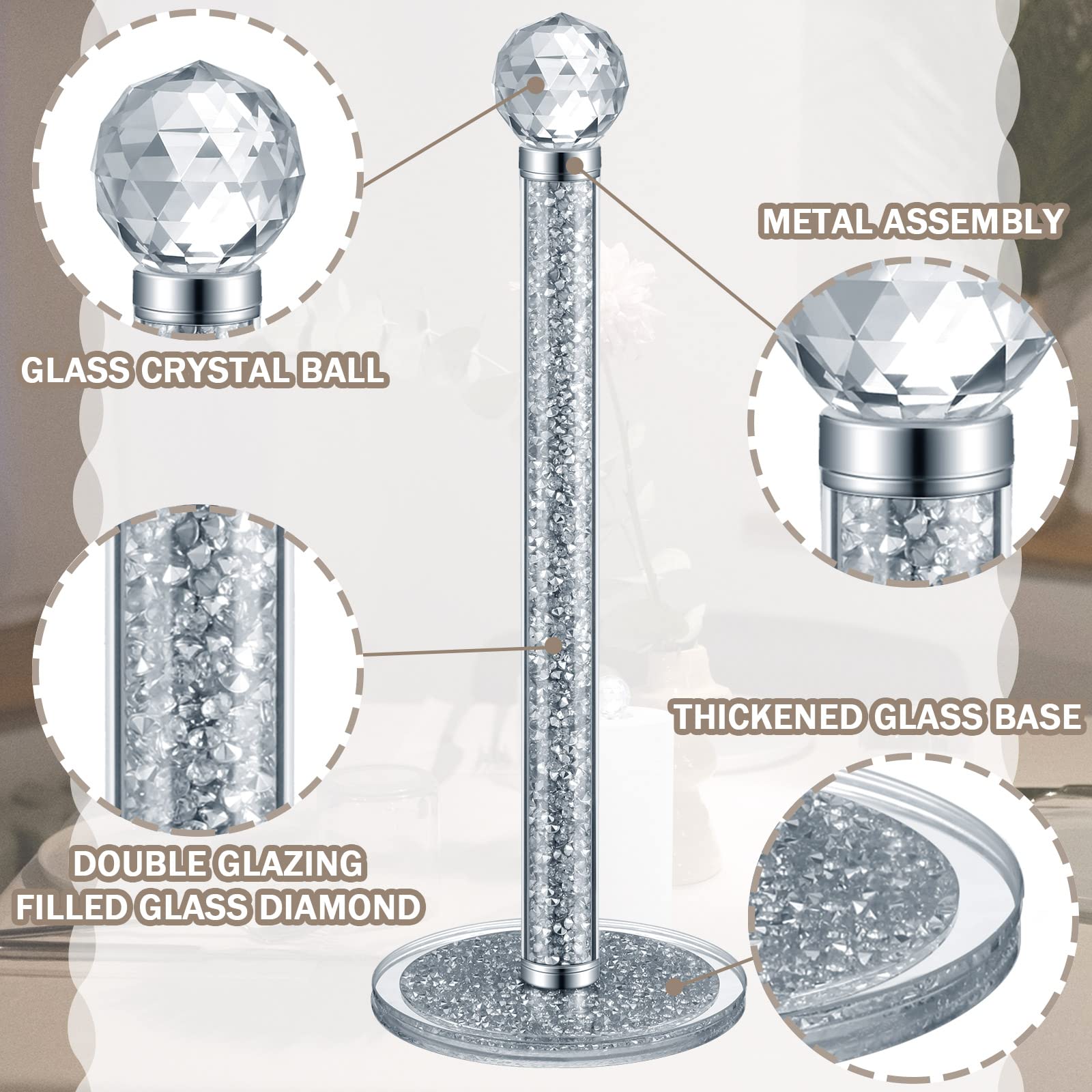 Silver Paper Towel Roll Holder Bling Stand Towel Tissue Roll Countertop Napkin Paper Towel Holder for Bathroom Crystal Holder Crushed Diamond Home Decor for Kitchen Bathroom Toilet 13 Inches High
