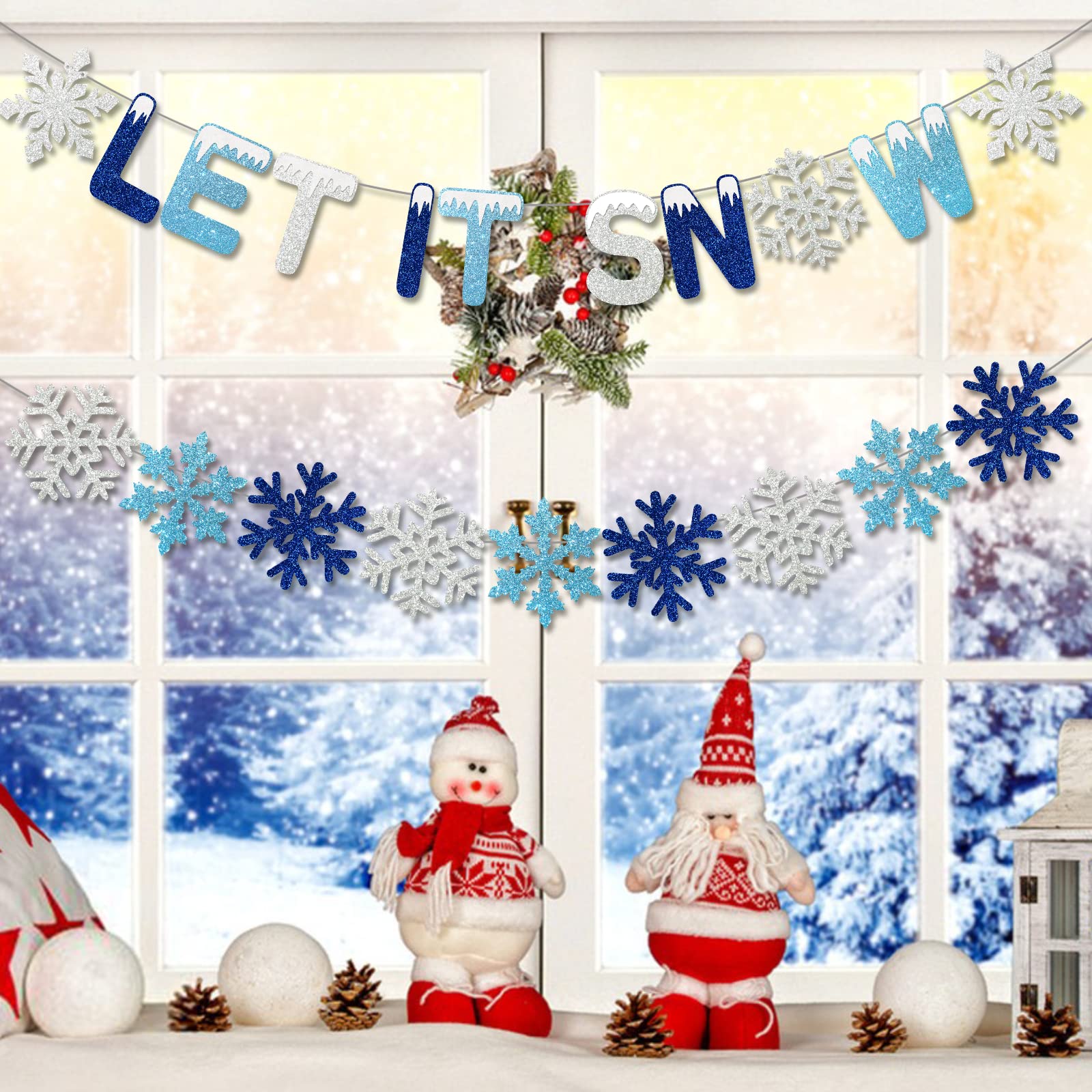 MZ.ogm Glittery Let it Snow Banner with Snowflake Garland Snowflake Decorations Let it Snow Decorations Winter Wonderland Decorations Happy Holidays Banner