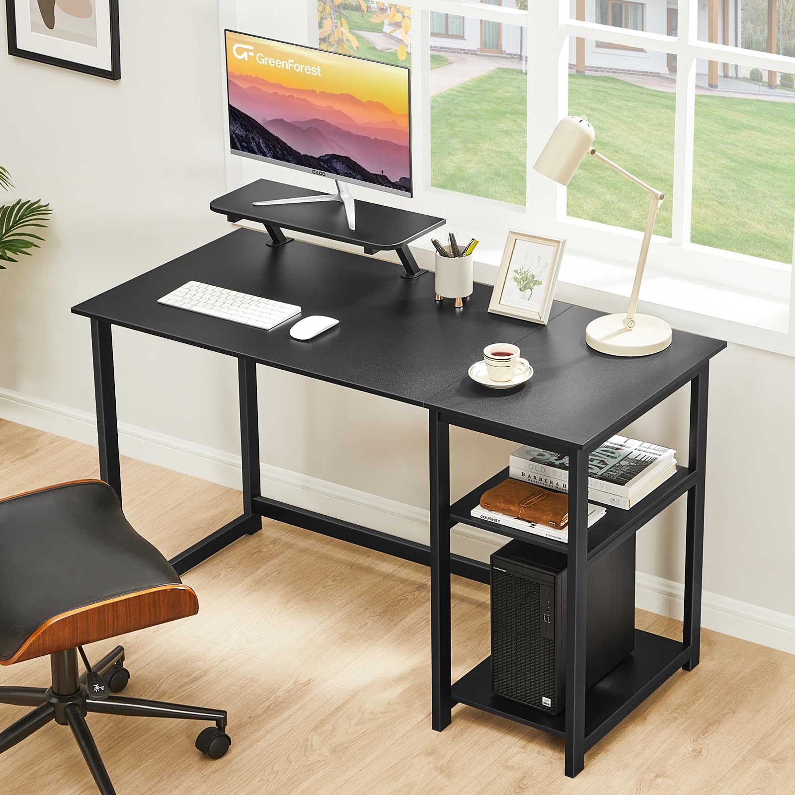 GreenForest Computer Home Office Desk with Monitor Stand and Storage Shelves on Left or Right Side, Printer Stand with Storage Shelf, 49.2 inch Large Tall 4 Tier Printer Table for Home Office Organiza