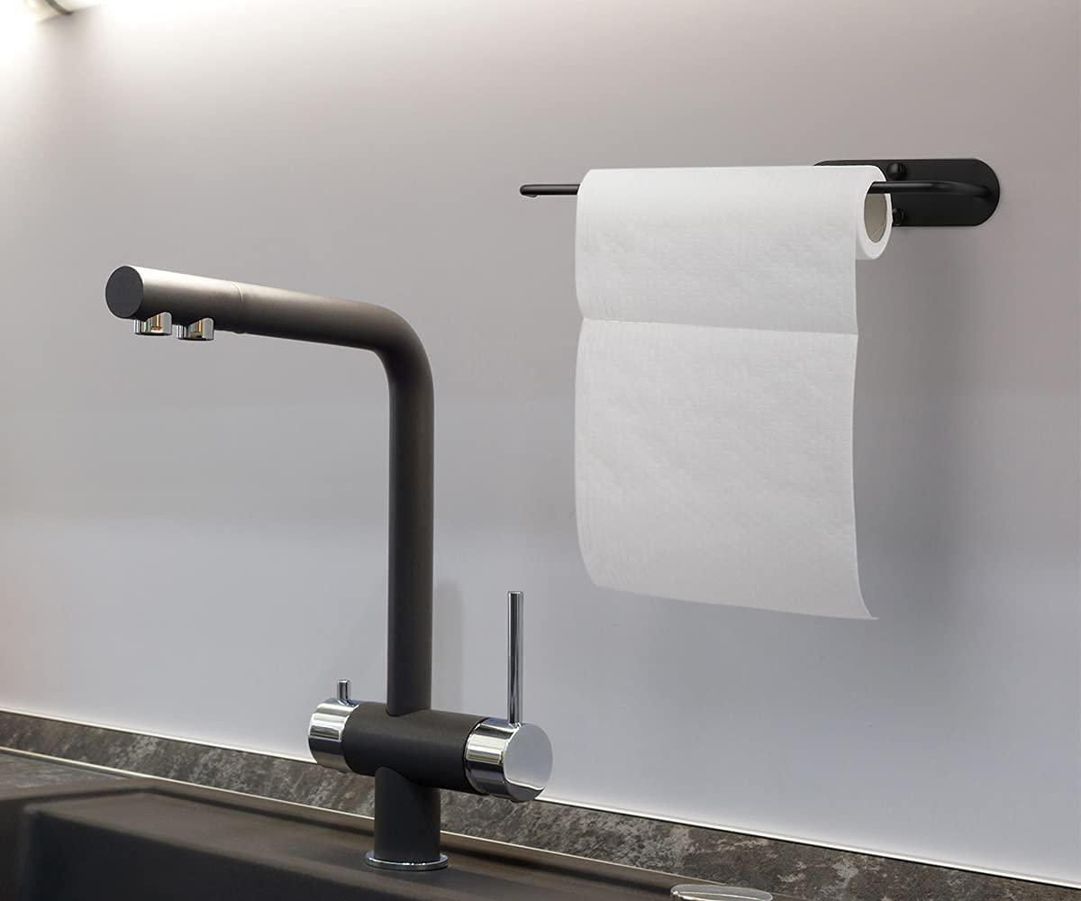 SpiCere Paper Towel Holder Under Cabinet, Adhesive or Wall Mount for Kitchen, Stainless Steel, Black
