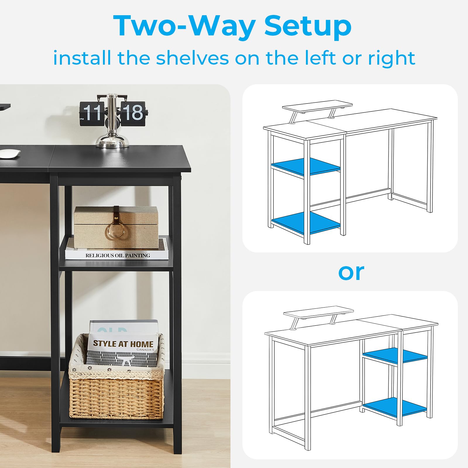 GreenForest Computer Home Office Desk with Monitor Stand and Storage Shelves on Left or Right Side, Printer Stand with Storage Shelf, 49.2 inch Large Tall 4 Tier Printer Table for Home Office Organiza