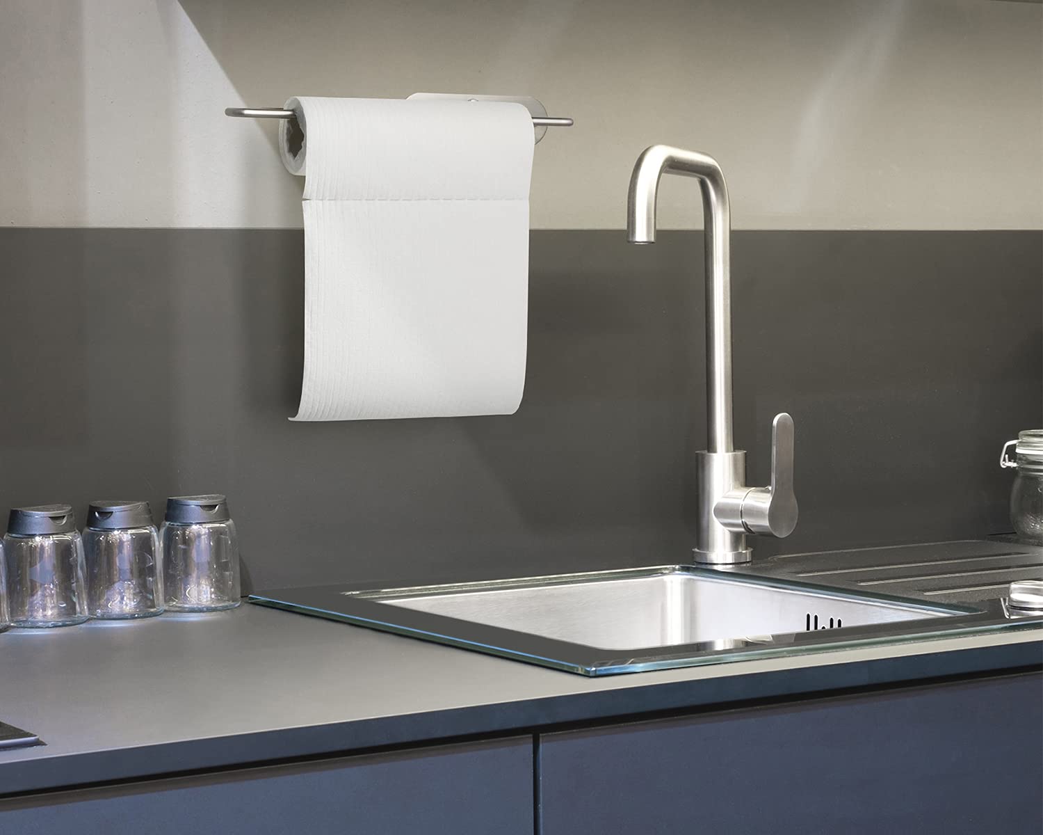 SpiCere Paper Towel Holder Under Cabinet, Adhesive or Wall Mount for Kitchen, Stainless Steel, Black