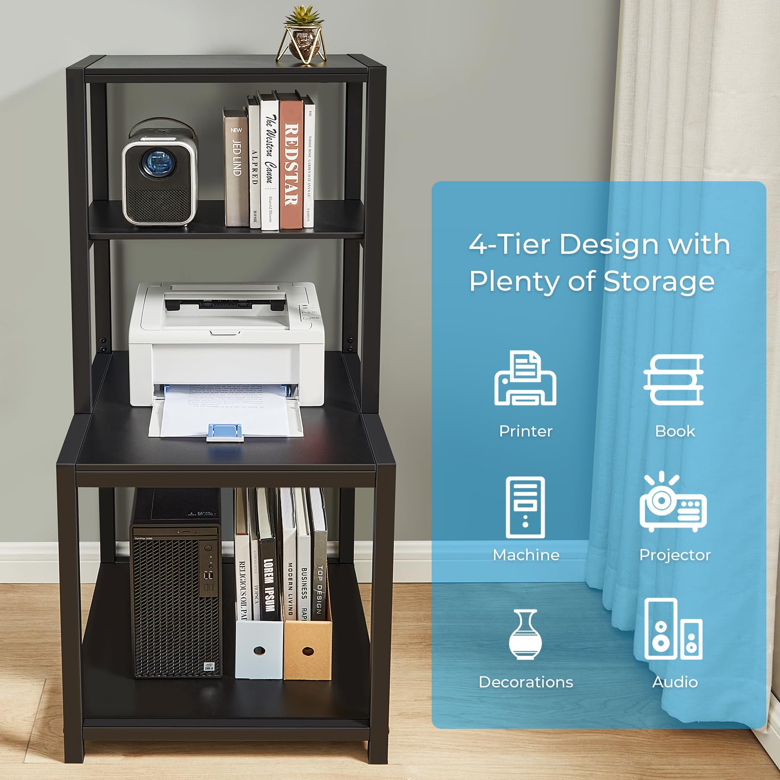 GreenForest Computer Home Office Desk with Monitor Stand and Storage Shelves on Left or Right Side, Printer Stand with Storage Shelf, 49.2 inch Large Tall 4 Tier Printer Table for Home Office Organiza