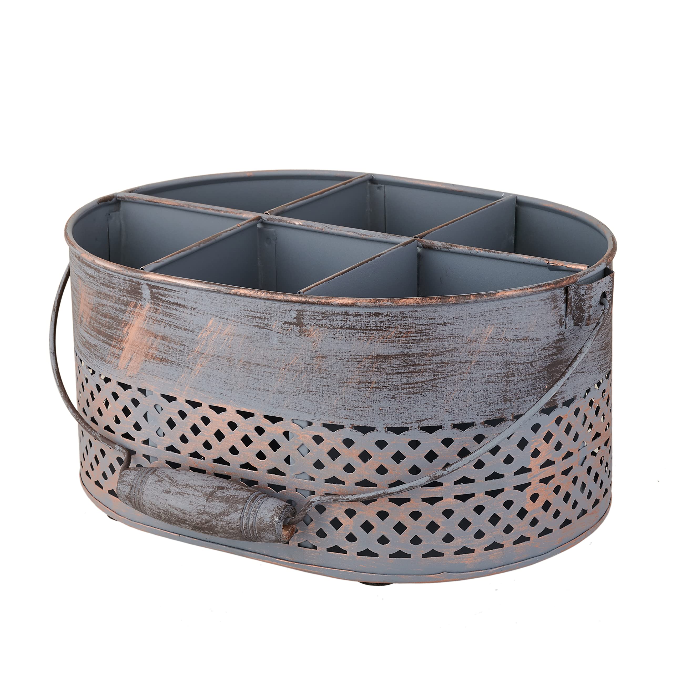 Utensil Caddy Carry β Metal All Serveware - Galvanized Metal Organizer for Kitchen Counter - Comfortable Wooden Handle /Indoor/Outdoor Storage For Flatware, Condiments, Party Cutlery, Arts - Rustic Grey Cooper