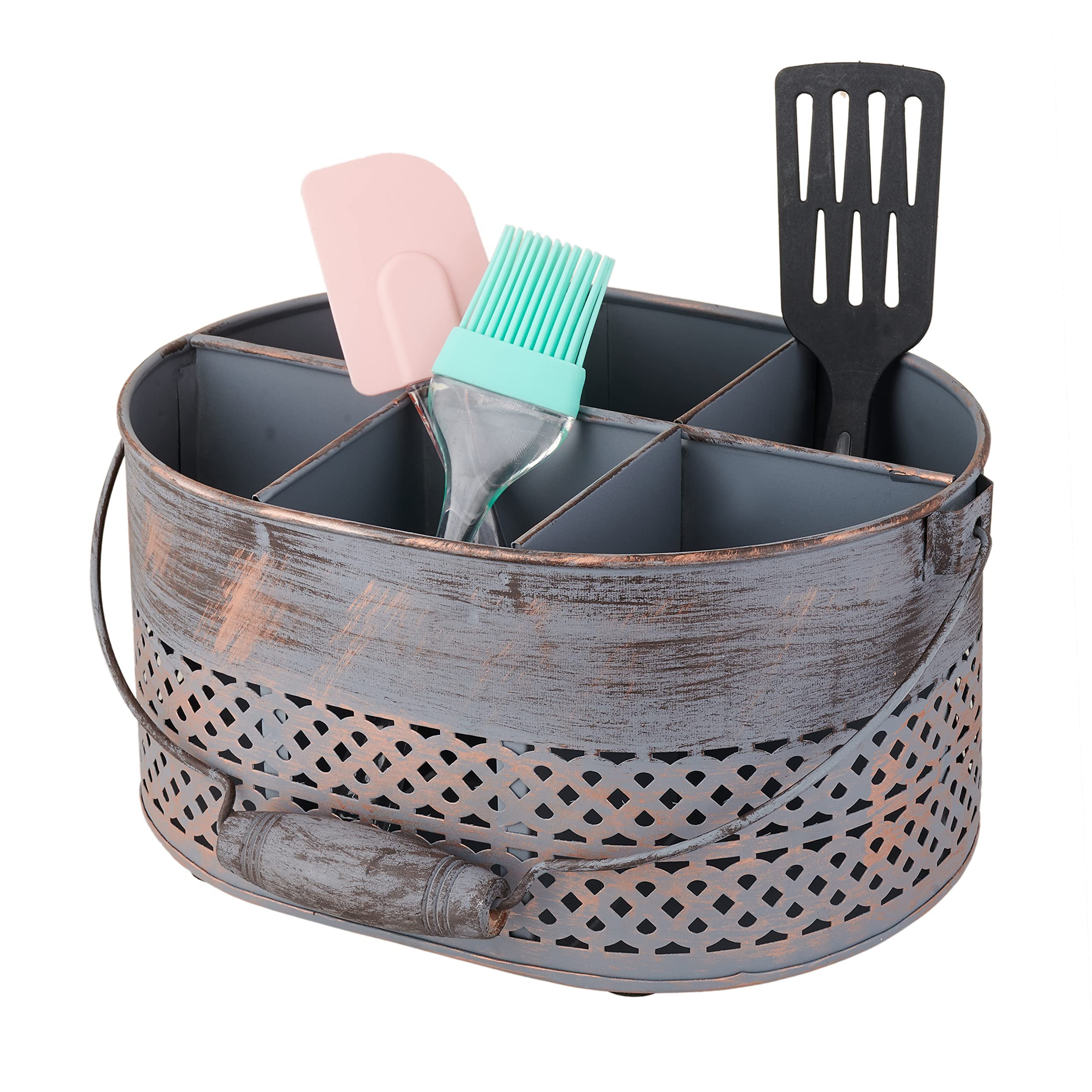 Utensil Caddy Carry β Metal All Serveware - Galvanized Metal Organizer for Kitchen Counter - Comfortable Wooden Handle /Indoor/Outdoor Storage For Flatware, Condiments, Party Cutlery, Arts - Rustic Grey Cooper