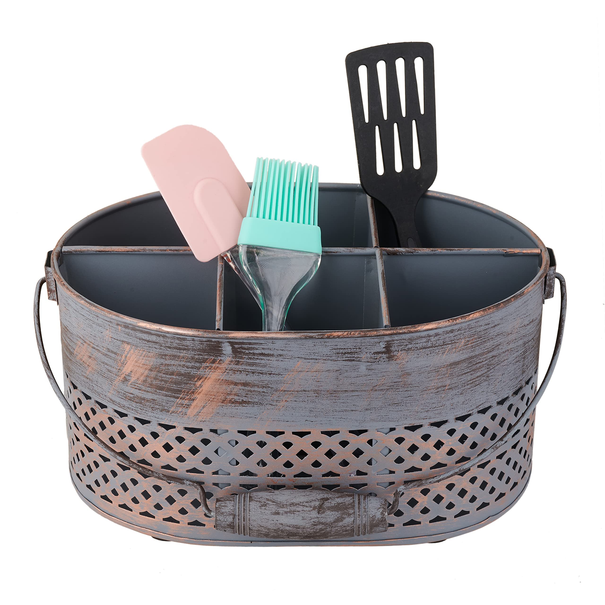 Utensil Caddy Carry β Metal All Serveware - Galvanized Metal Organizer for Kitchen Counter - Comfortable Wooden Handle /Indoor/Outdoor Storage For Flatware, Condiments, Party Cutlery, Arts - Rustic Grey Cooper
