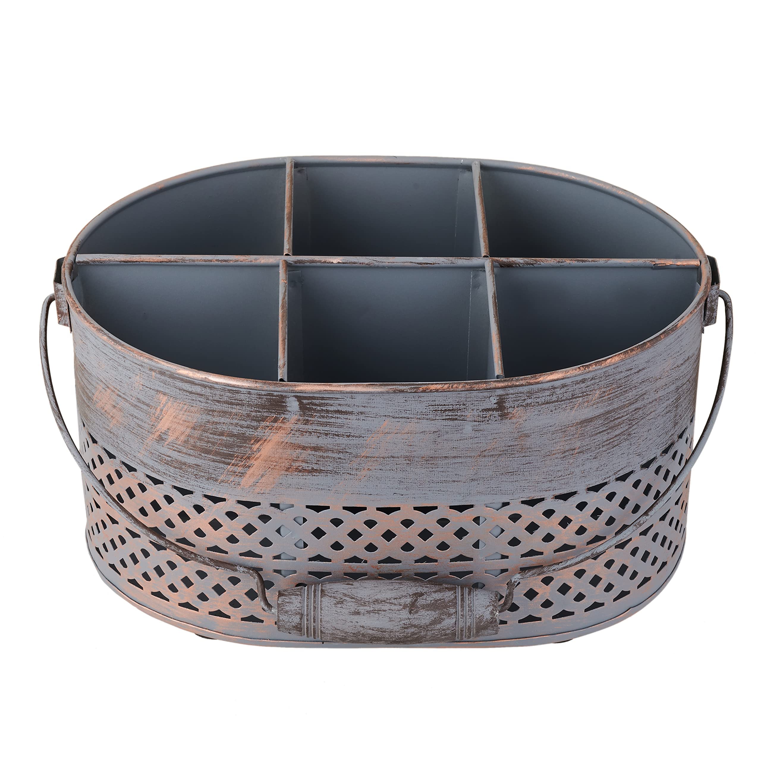 Utensil Caddy Carry β Metal All Serveware - Galvanized Metal Organizer for Kitchen Counter - Comfortable Wooden Handle /Indoor/Outdoor Storage For Flatware, Condiments, Party Cutlery, Arts - Rustic Grey Cooper