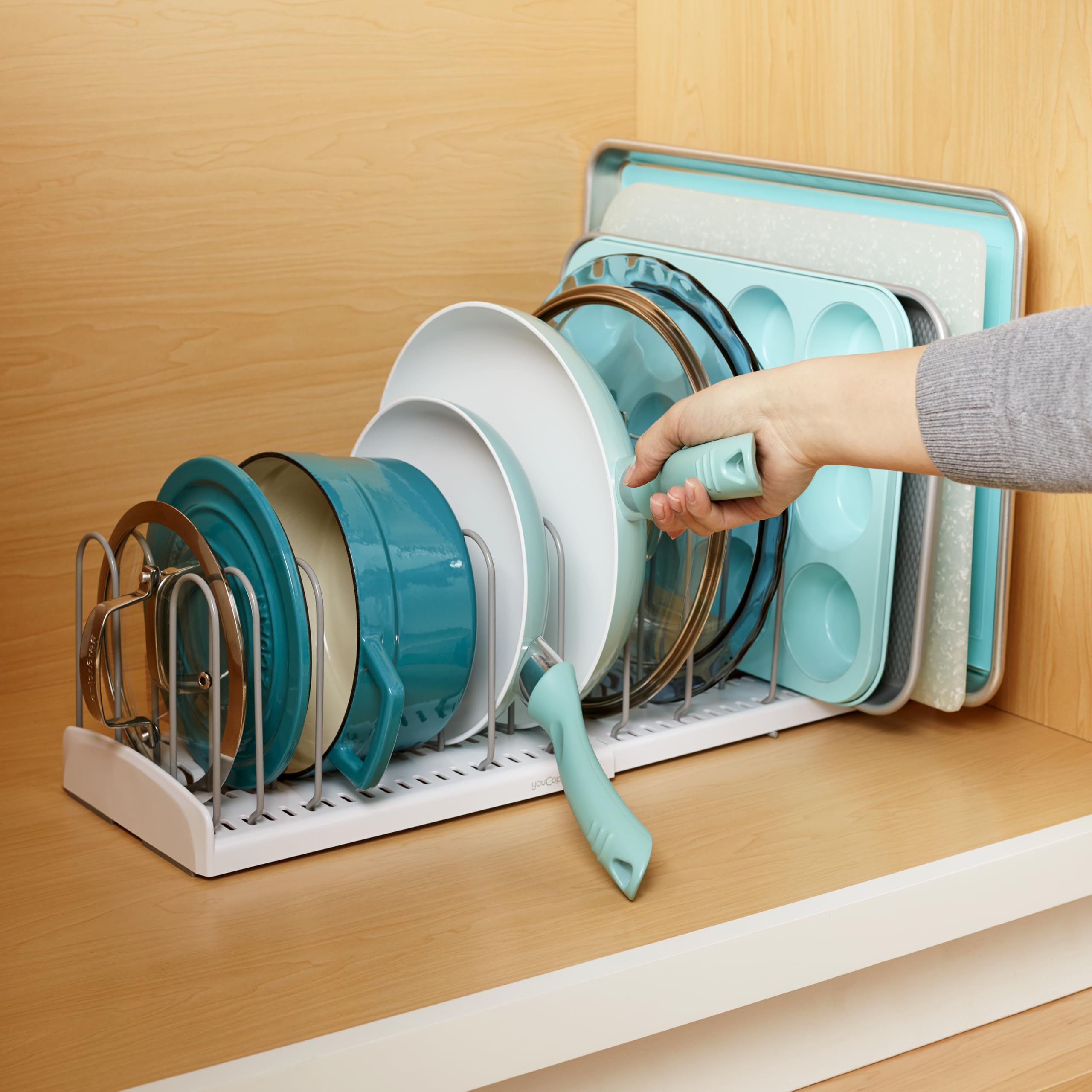 YouCopia StoreMore Expandable Pan and Lid Rack, Adjustable Pot Lid Organizer for Kitchen Storage, 12.5”-22” Wide