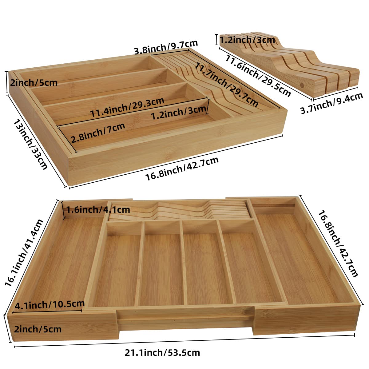TAOUNOA Bamboo Drawer Organizer - Expandable Utensil Organizer Adjustable Silverware Organizer for Kitchen Drawers, Cutlery Organizer with Removable Knife Block