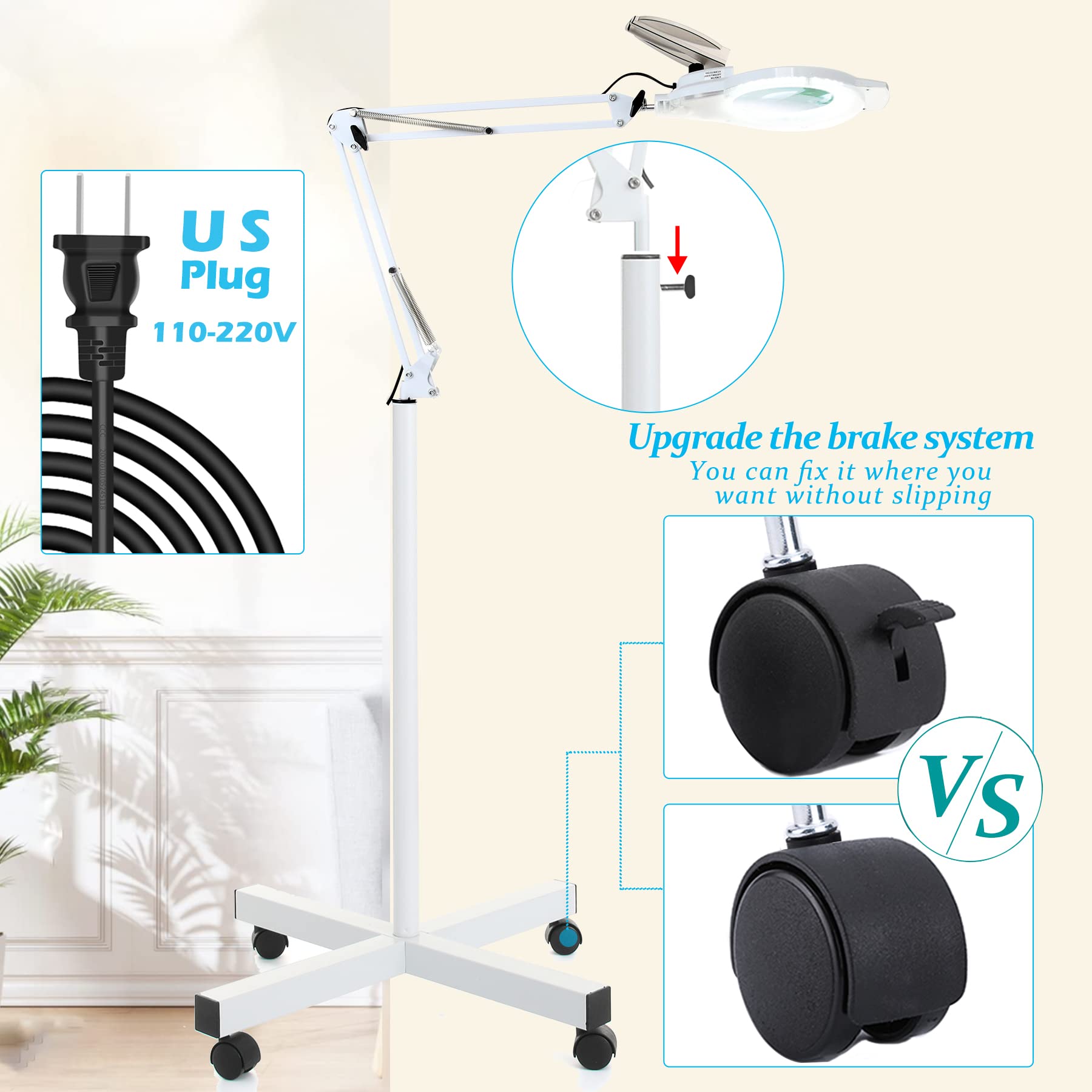 KIRKAS 5X Magniyfing Floor Lamp with 4 Wheel Rolling Base 2,200 Lumens Super Bright Glass Lens LED Magnifier, Adjustable Stand & Swivel Arm Floor Lamp for Estheticians, Reading, Crafts, Tasks- White