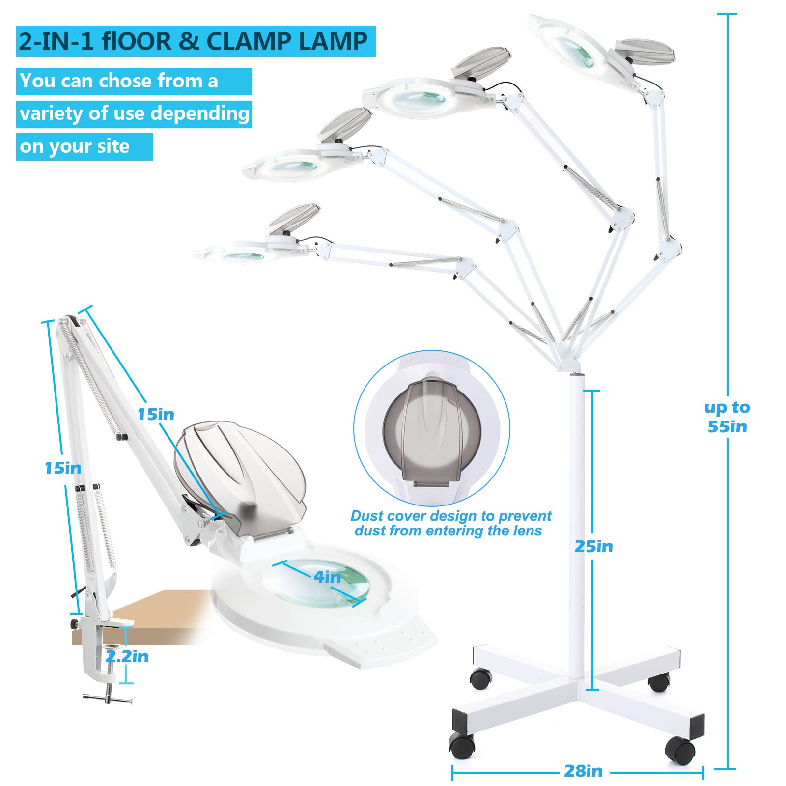 KIRKAS 5X Magniyfing Floor Lamp with 4 Wheel Rolling Base 2,200 Lumens Super Bright Glass Lens LED Magnifier, Adjustable Stand & Swivel Arm Floor Lamp for Estheticians, Reading, Crafts, Tasks- White