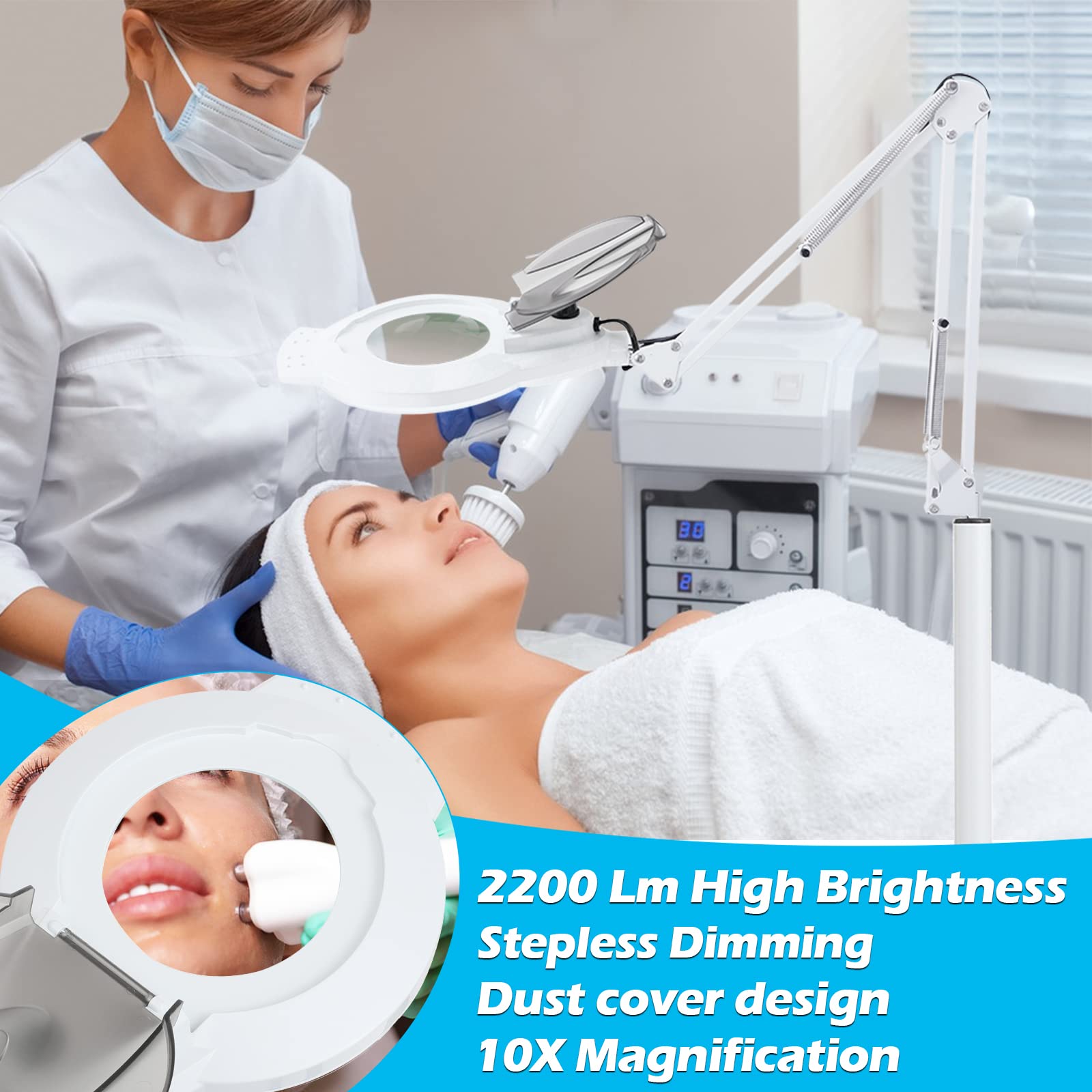 KIRKAS 5X Magniyfing Floor Lamp with 4 Wheel Rolling Base 2,200 Lumens Super Bright Glass Lens LED Magnifier, Adjustable Stand & Swivel Arm Floor Lamp for Estheticians, Reading, Crafts, Tasks- White