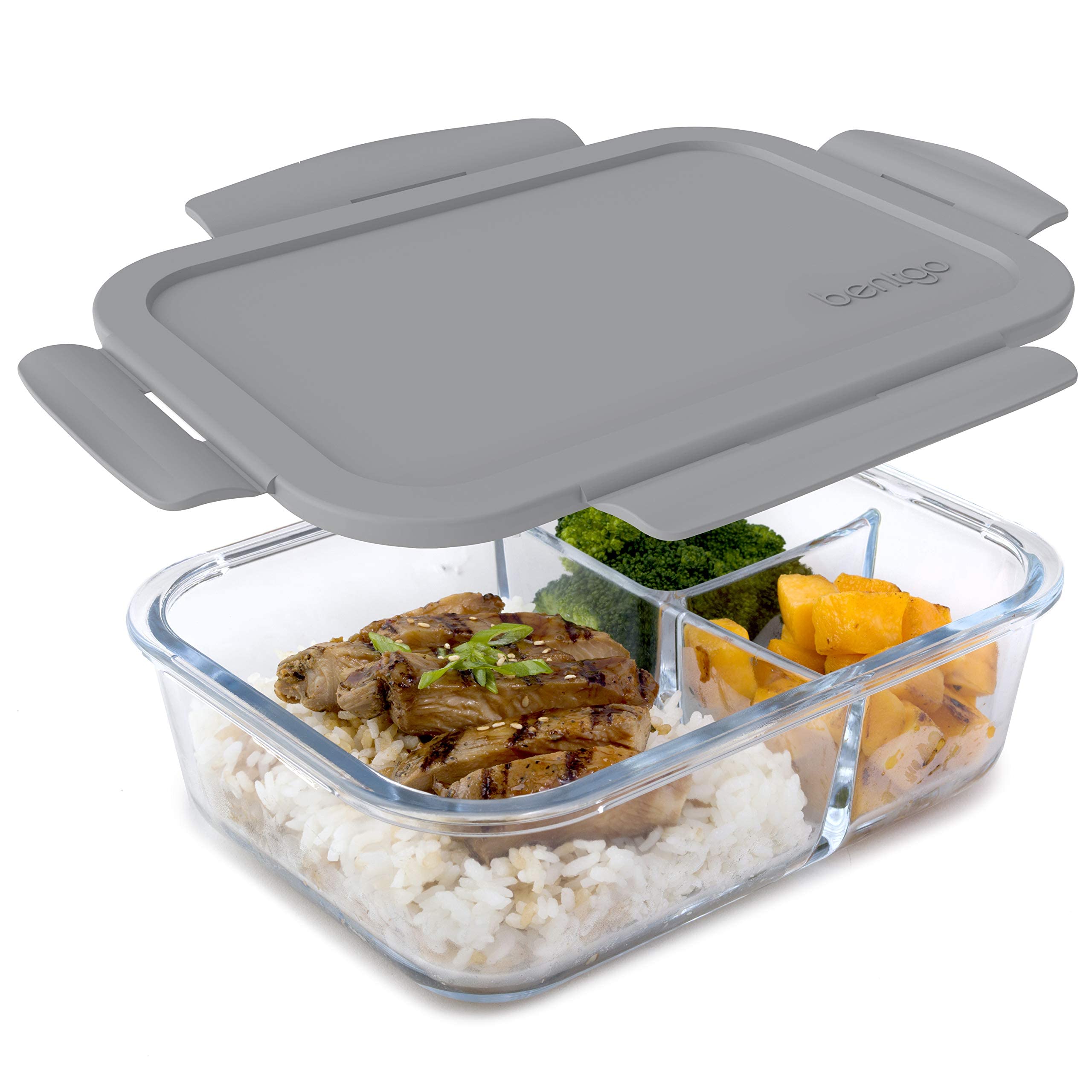 Bentgo® Glass Lunch Box - Leak-Proof Bento-Style Food Container with Airtight Lid and Divided 3-Compartment Design - 5 Cup Capacity for Meal Prepping, and Portion-Controlled Meals for Adults & Teens (Gray)