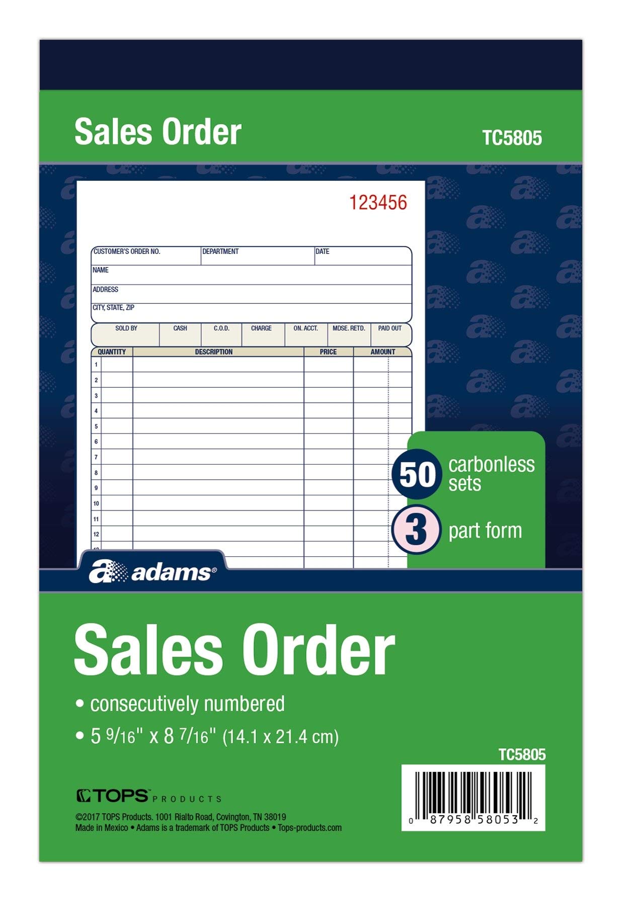 Adams Sales Order Book, 3-Part Carbonless, White/Canary/Pink, 5-9/16" x 8-7/16", 50 Sets (TC5805)