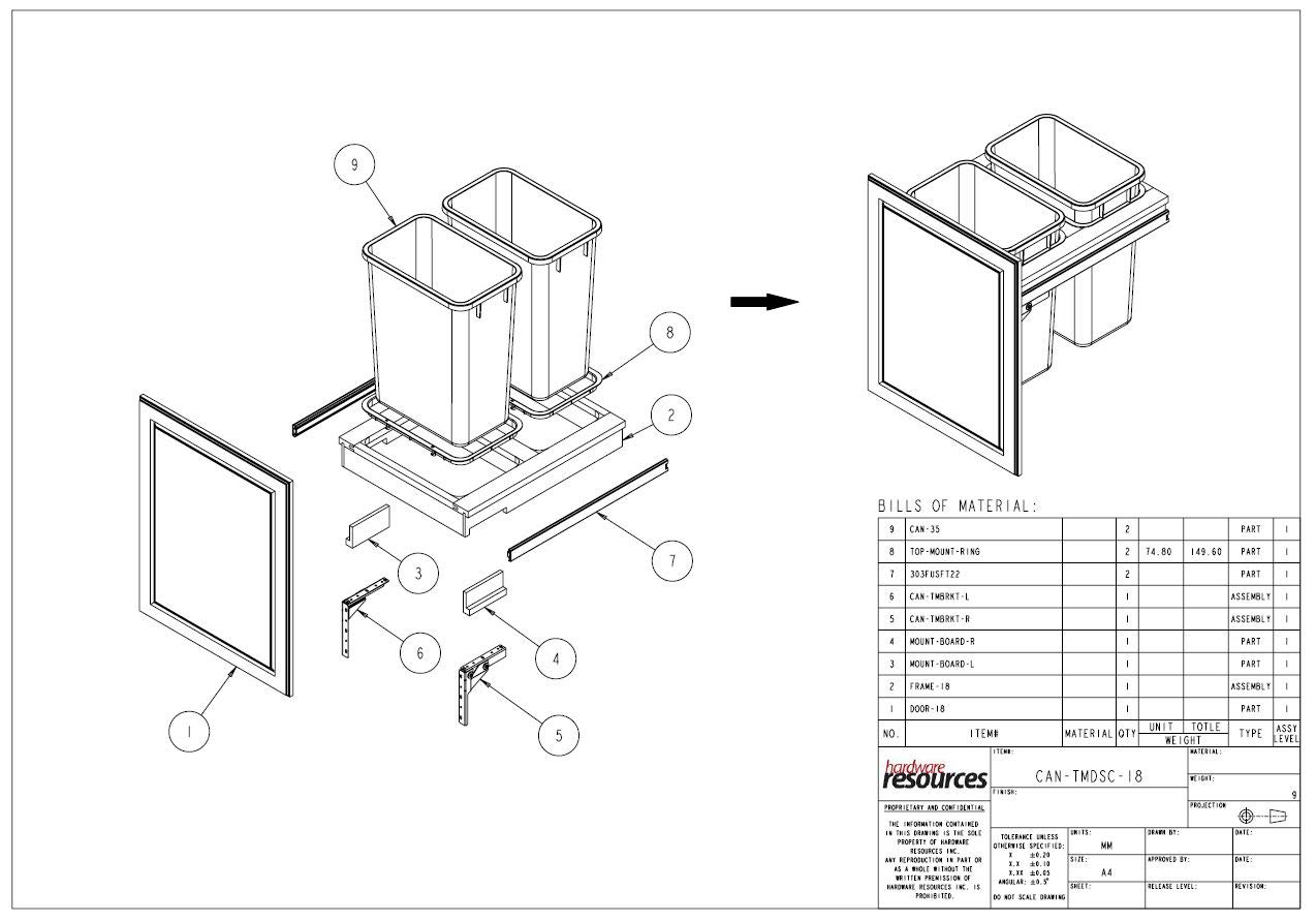 Hardware Resources Pull Out Trash Container System - Top-Mount Garbage Basket Sliders with Mounting Rings - White Birch Wood Face Frame Cabinet, Soft Close Extension - Capacity: 100lbs, 18" Double Can