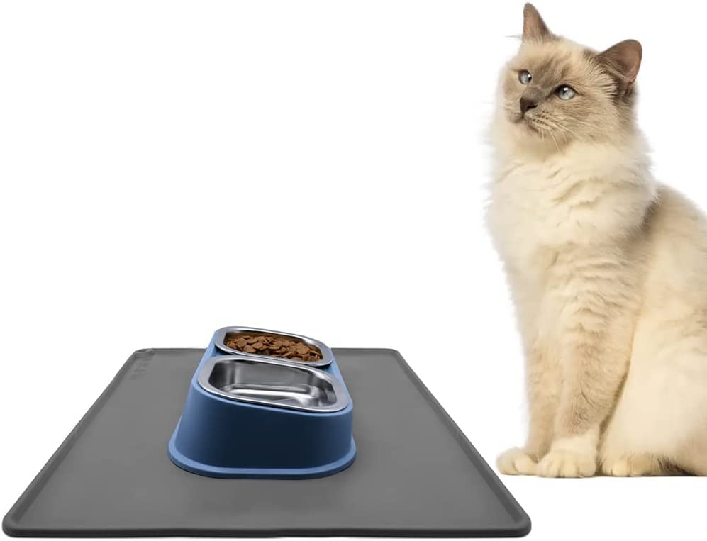 Marchul Dog Cat Food Mat, Waterproof Non-Slip Silicone Rubber Dog Bowl Mat with Raised Edges, Pet Feeding Mat Placemat Tray (14.4 * 10.6")