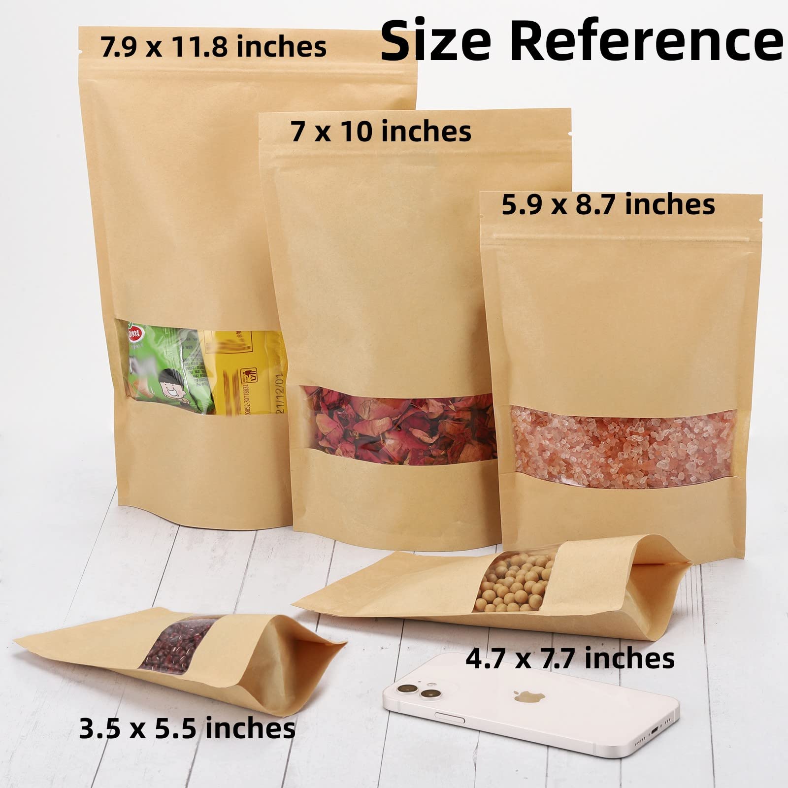 100pcs 3.5 x 5.5 inch Kraft Paper Treat Bags with Window Ziplock Stand Up Pouches for Food Storage Cookies Snacks Tea Packing