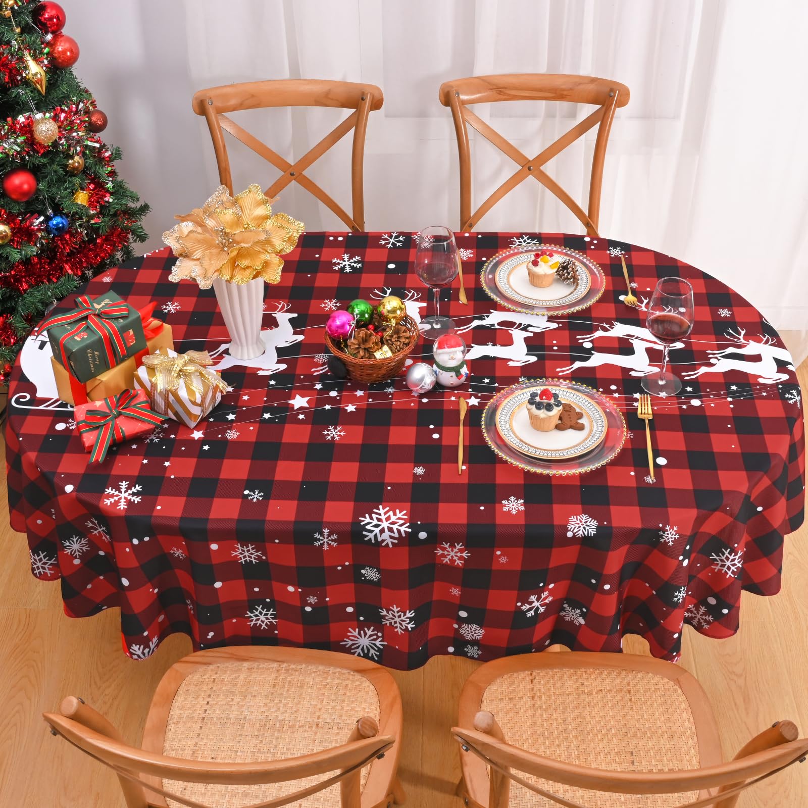 Alishomtll Christmas Tablecloth Oval 60x84 Inch, Red and Black Checkered Table Cloth Oval Tables for Christmas Decor, Snowflake Waterproof Table Decorations