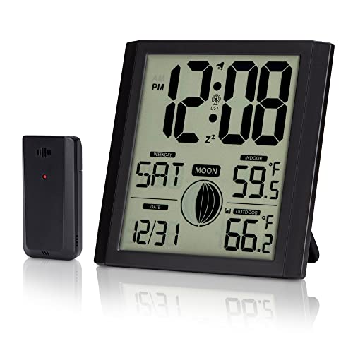 Digital Atomic Wall Clock, Atomic Clocks with Indoor Outdoor Temperature,Battery Operated,Calendar,Large Number Clock with Day and Date for Bedroom Home Office Elderly
