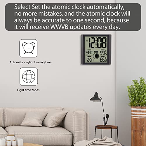 Digital Atomic Wall Clock, Atomic Clocks with Indoor Outdoor Temperature,Battery Operated,Calendar,Large Number Clock with Day and Date for Bedroom Home Office Elderly
